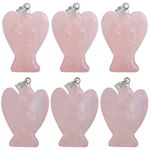 TUMBEELLUWA Guardian Angel Handmade Carved Healing Stone Crystal Pendant with Metal Alloy Chain, Rose Quartz