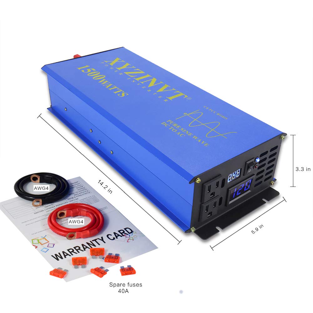 XYZ INVT 1500watt Pure Sine Wave Power Inverter dc 12v to ac 120v with LED Display and 150ft far Wireless Remote Controller (1500w12v RC)