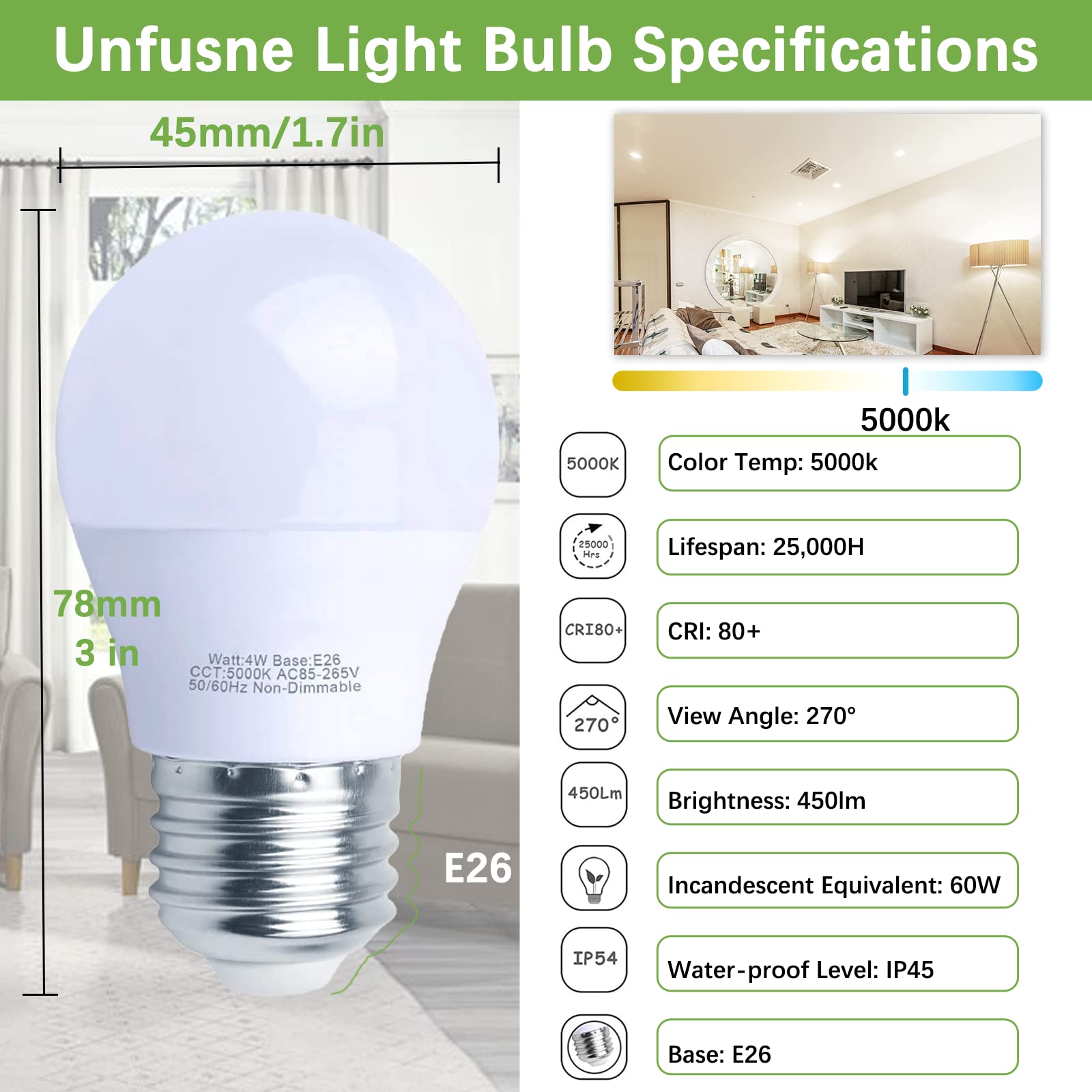 Unfusne LED Refrigerator Light Bulb 4W 40Watt Equivalent, Waterproof Freezer LED Light Bulb IP54, 120V E26 Daylight White 5000K 400 Lumen, Energy Saving A15 Appliance Fridge Bulbs