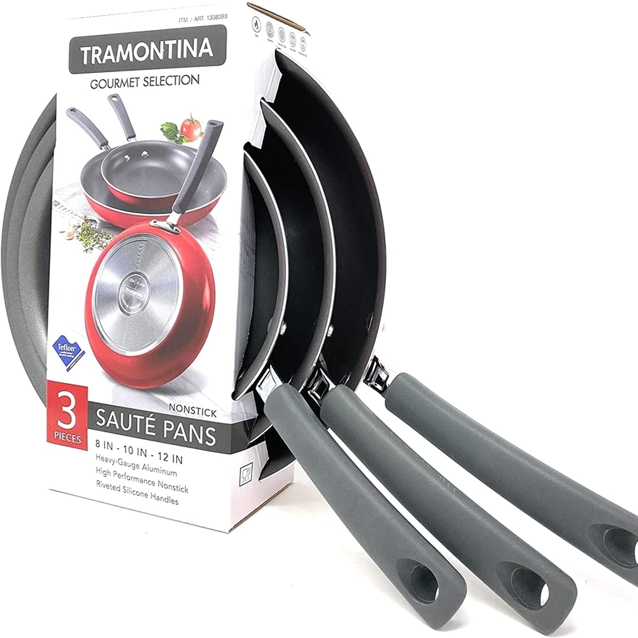 Tramontina Gourmet Selection 3 Piece Set Nonstick Saute Pans (8", 10" & 12") Heavy-Gauge Aluminium High Performance Nonstick Riveted Silicone Handles (Metallic Canyenne Red)