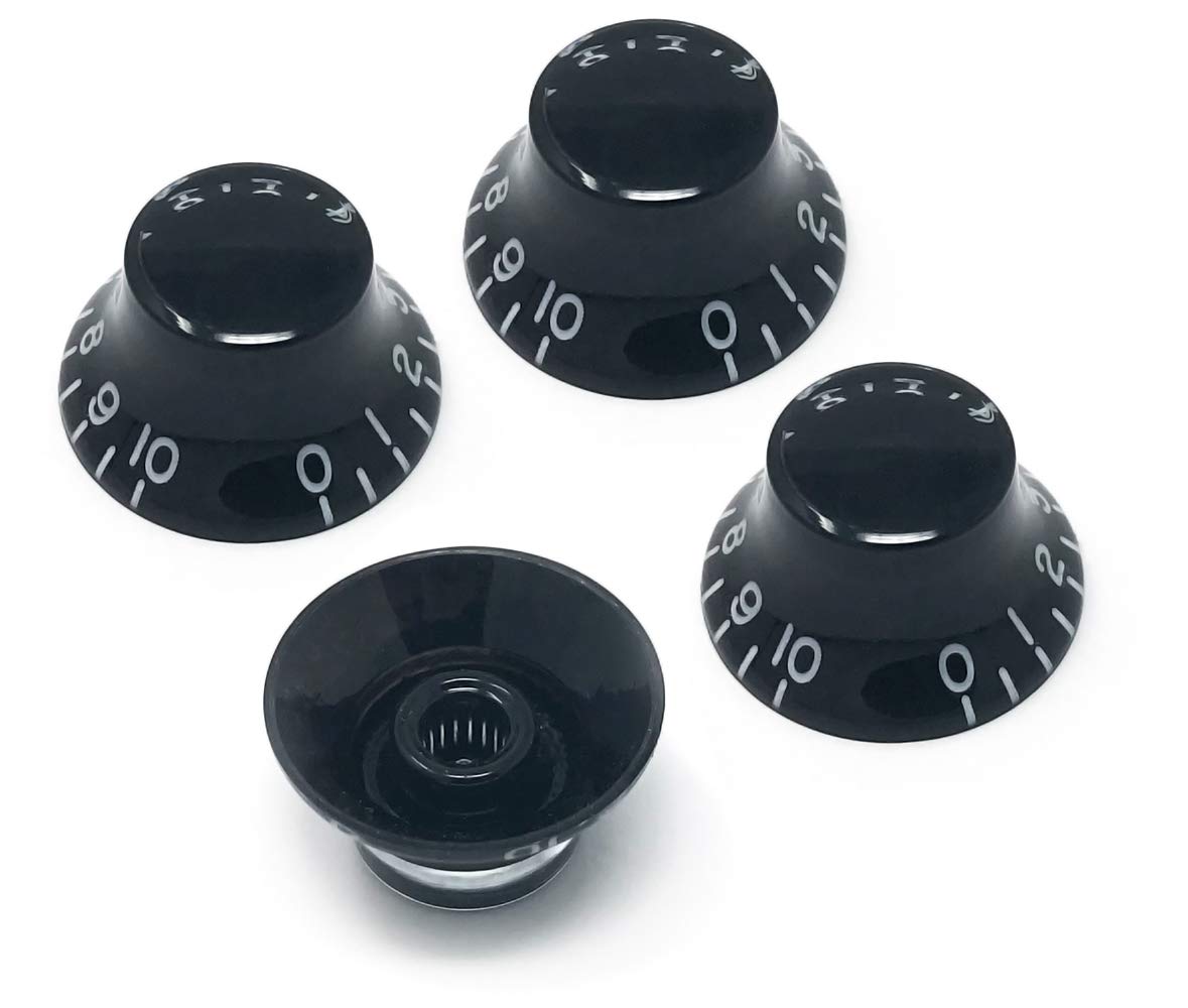 Vintage Forge Black Top Hat Bell Knobs Compatible with Epiphone Les Paul Import Electric Guitar (Set of 4) Fits 18 Coarse-Spline Alpha (Metric) Split Shaft Pots Recessed RB18M-BLK4