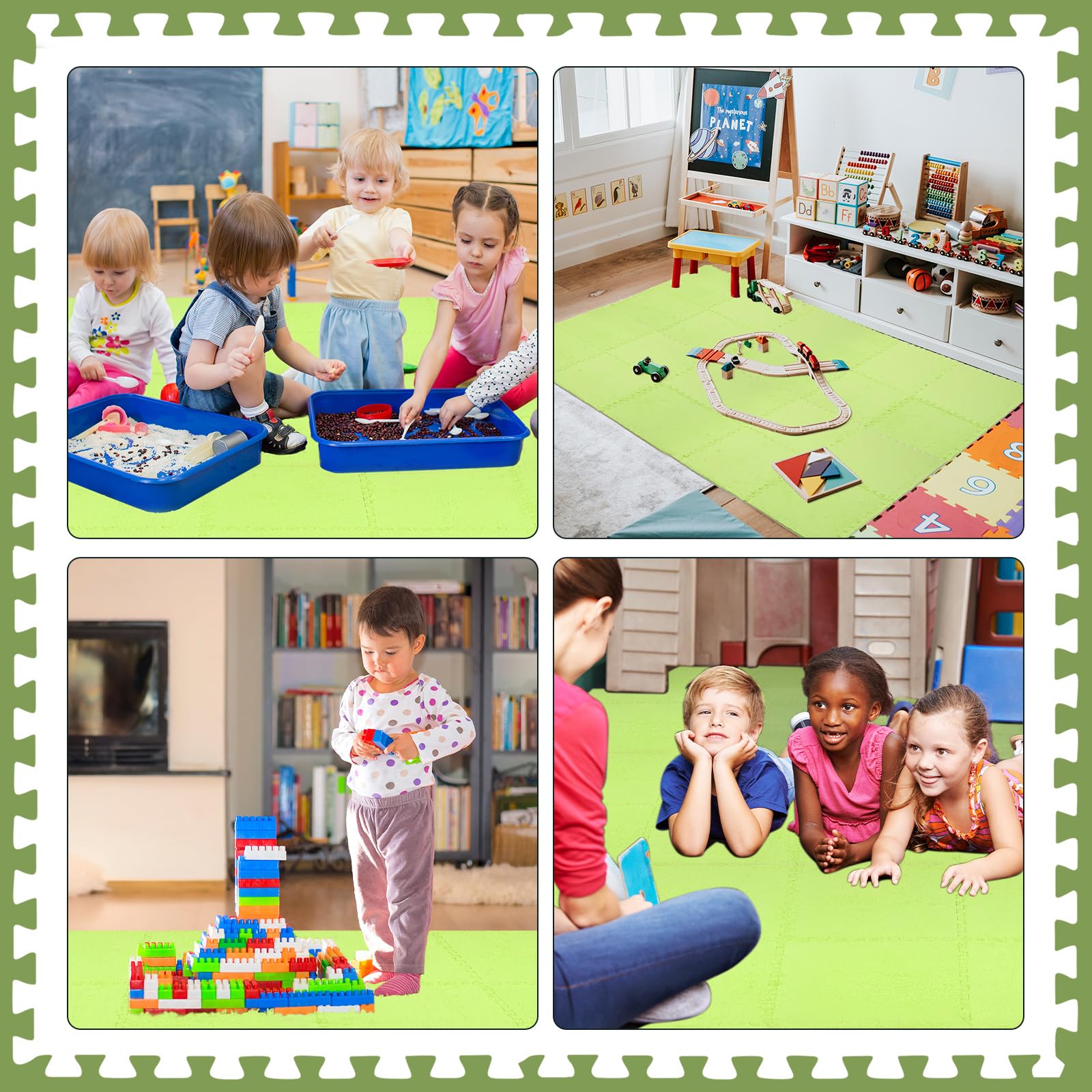 Tinideya Fluffy Plush Puzzle Foam Floor Mat Bulk 30 Pcs Square Interlocking Foam Play Mat Tiles with Borders Eva Foam Puzzle Mat for Baby Toddlers Children Crawling Exercise Playroom (Light Green)