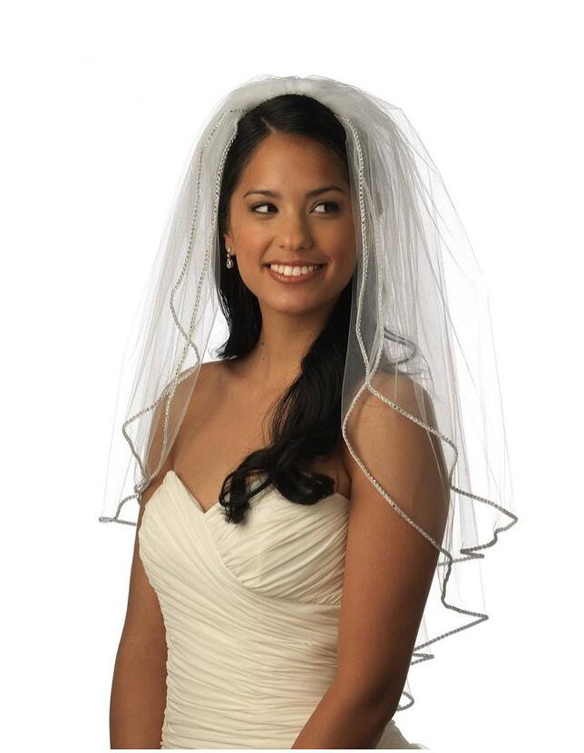 Top-Sexy Diamond White 2 Tiers 36"Fingertip Length Bling Diamonds Lined Wedding Bridal Veil 07