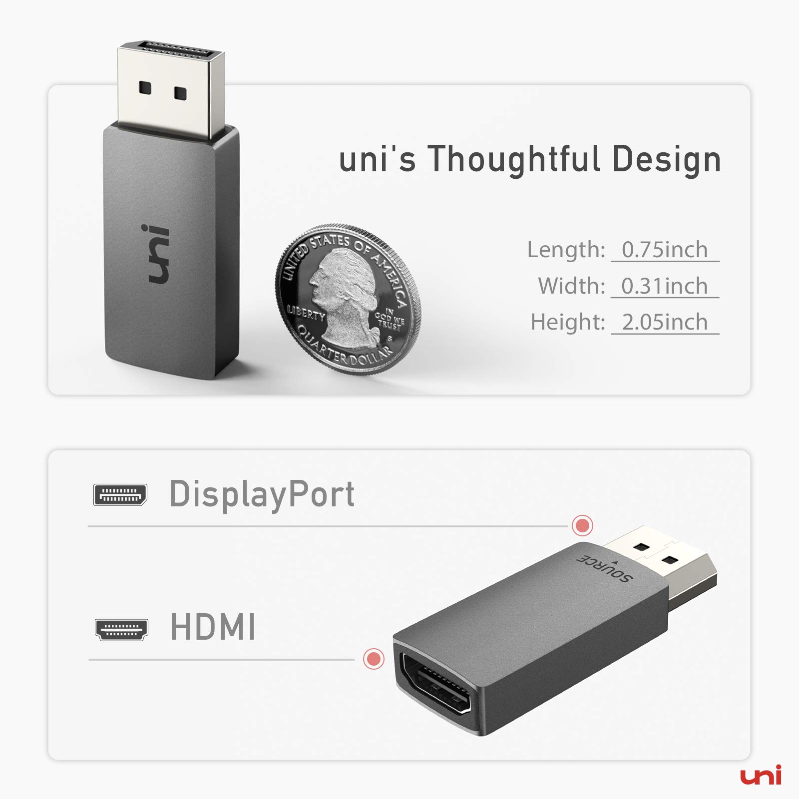 uni DisplayPort to HDMI Adapter, DisplayPort to HDMI Adapter (4K UHD) Directional DP to HDMI Converter Compatible for Lenovo, HP, DELL, GPU, AMD, NVIDIA and More