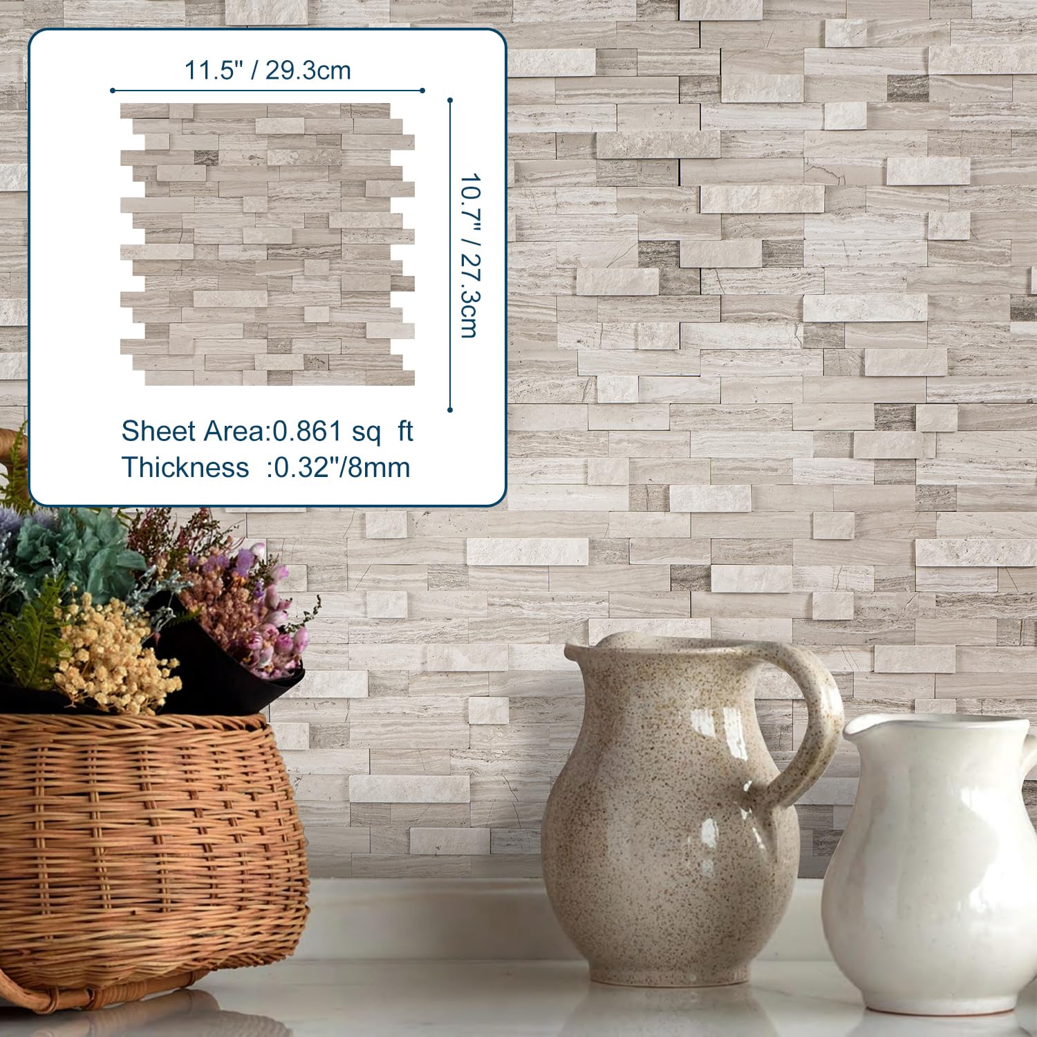 V-MOZZA Peel and Stick Stone Tile, 5-Sheet Peel and Stick Stone Mosaic Backsplash 11.5" x 10.7" 3D Marble Look Backsplash Tiles for Kitchen Fireplace (Mixed Tan)