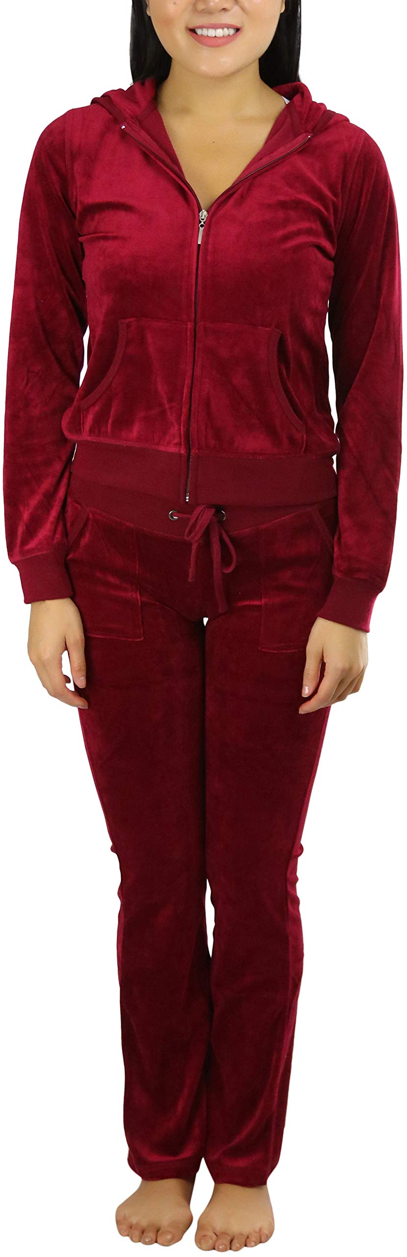ToBeInStyle Women’s Cozy Lounge Velour Hooded Jacket and Matching Pants - Burgundy - M