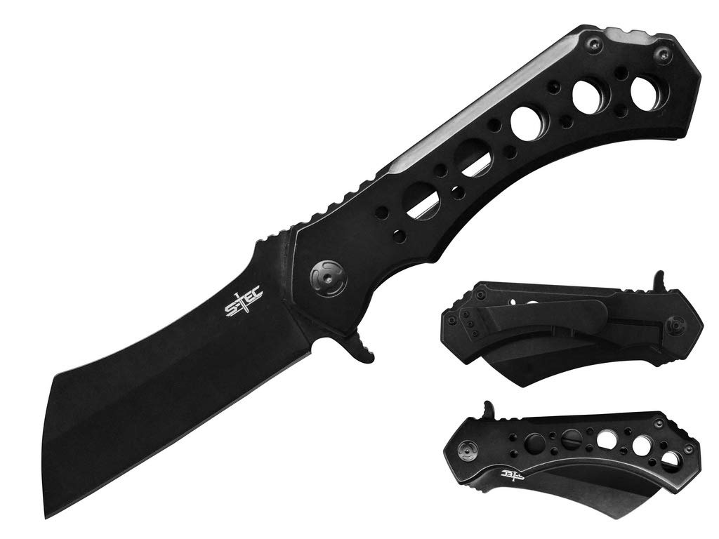 STEC 10.5" Heavy Huge Tactical Hunting Folding Cleaver Knife Stainles Steel Blade (w/Belt Clip & Pouch)