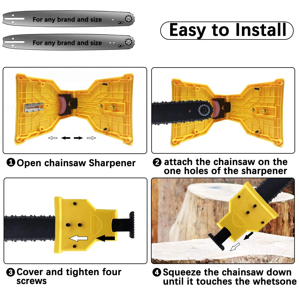XBUTY Chainsaw Sharpener, The Second Generation New Portable Chain Saw Blade Teeth Sharpener with 4 Pcs Fast-Sharpening Stone Grinder Tools for 14/16/18/20 Inch One/Two/Nonporous Holes (Yellow)