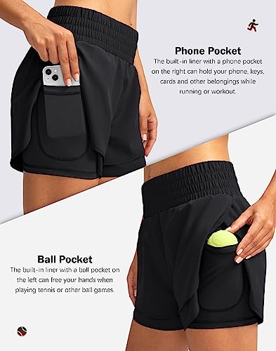 Soothfeel Women's 2 in 1 Running Shorts High Waisted Athletic Shorts Exercise Gym Workout Shorts for Women with Pockets Black