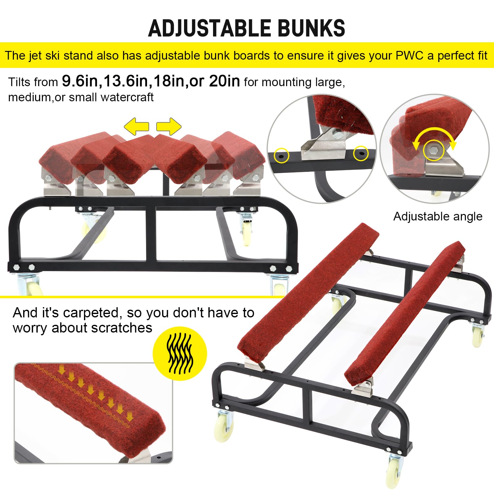 Watercraft PWC Dolly,Jet ski Dolly tolerable 1300 LBS Capacity Boat Storage Trailer Adjustable Width with Four Casters & Two Brakes,Heavy Duty Boat standsfor Dinghy, Sailboat