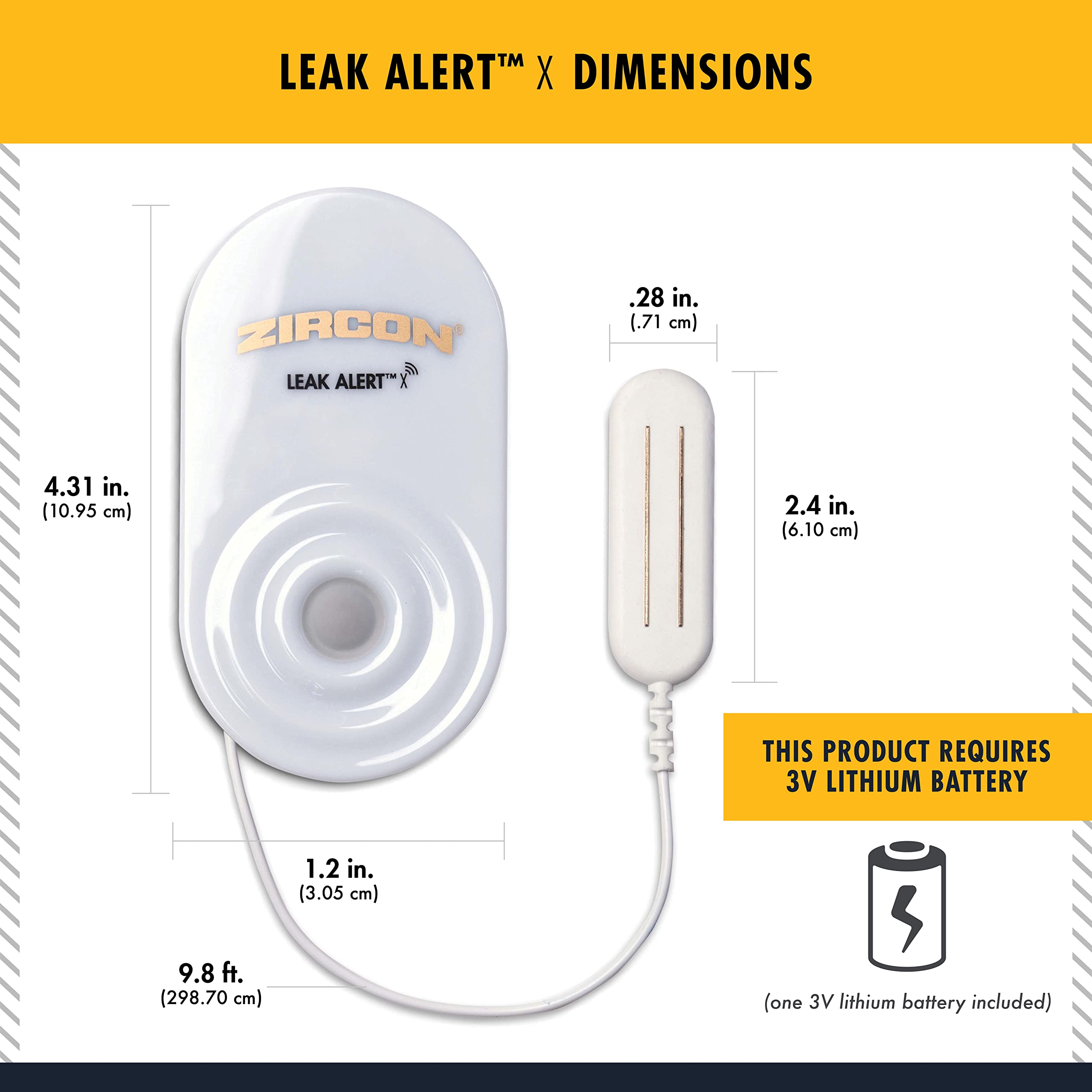 Zircon Leak Alert x – Smart Electronic Water Detector with 9.8' Cable – Email, Audio, & Visual alerts, Battery Included (70745)