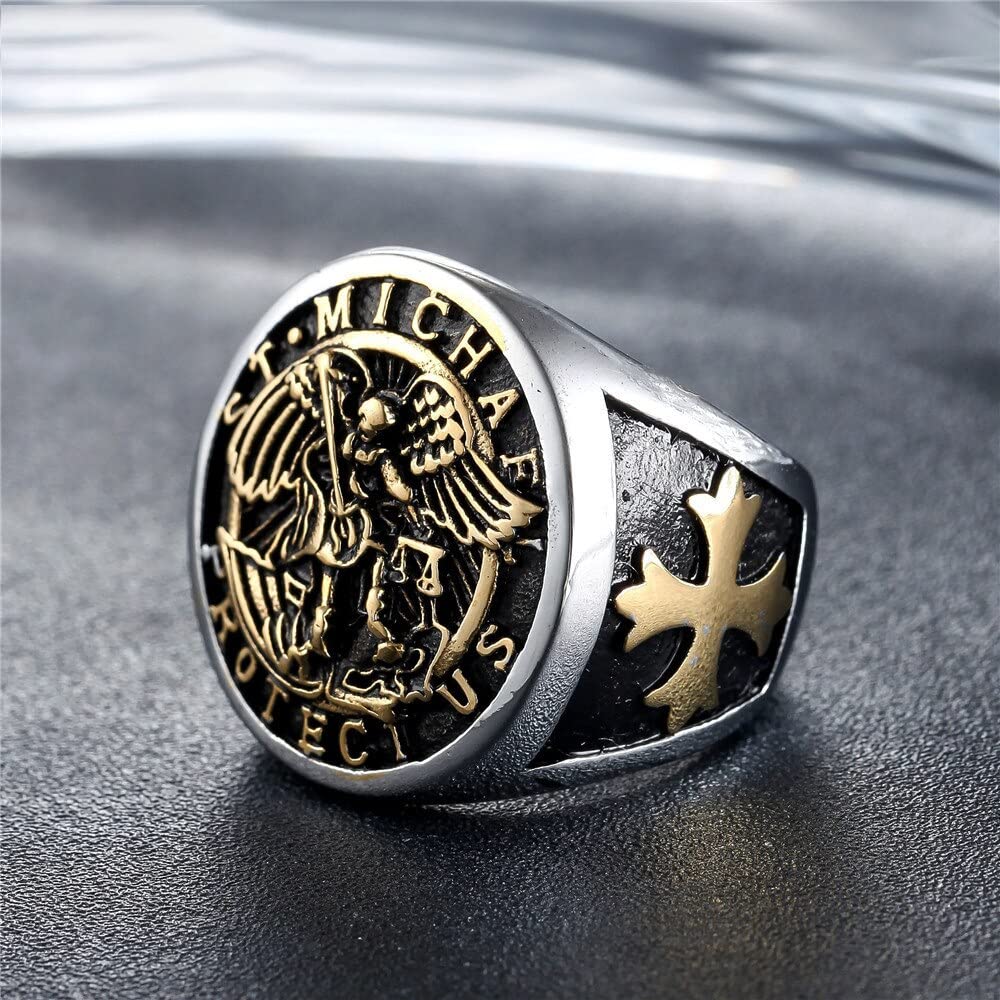 Vintage Stainless Steel Angel Michael Ring for Men Boy Punk Christian Knight Saint Michael Protect Us Ring Jewelry Gift, Between Gold, 11