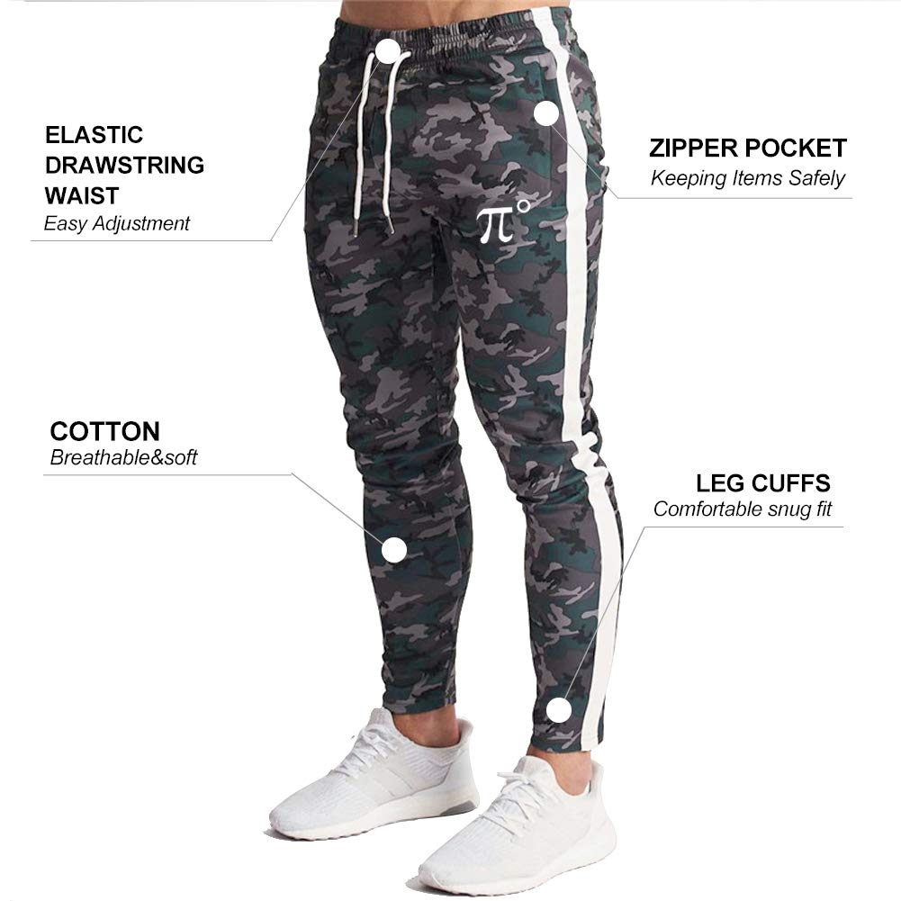 Wangdo Men's Zipper Pockets Camouflage Joggers Sweatpants for Casual Gym Workout Slim Sport Drawstring Long Pants (Green Camouflage,XL)