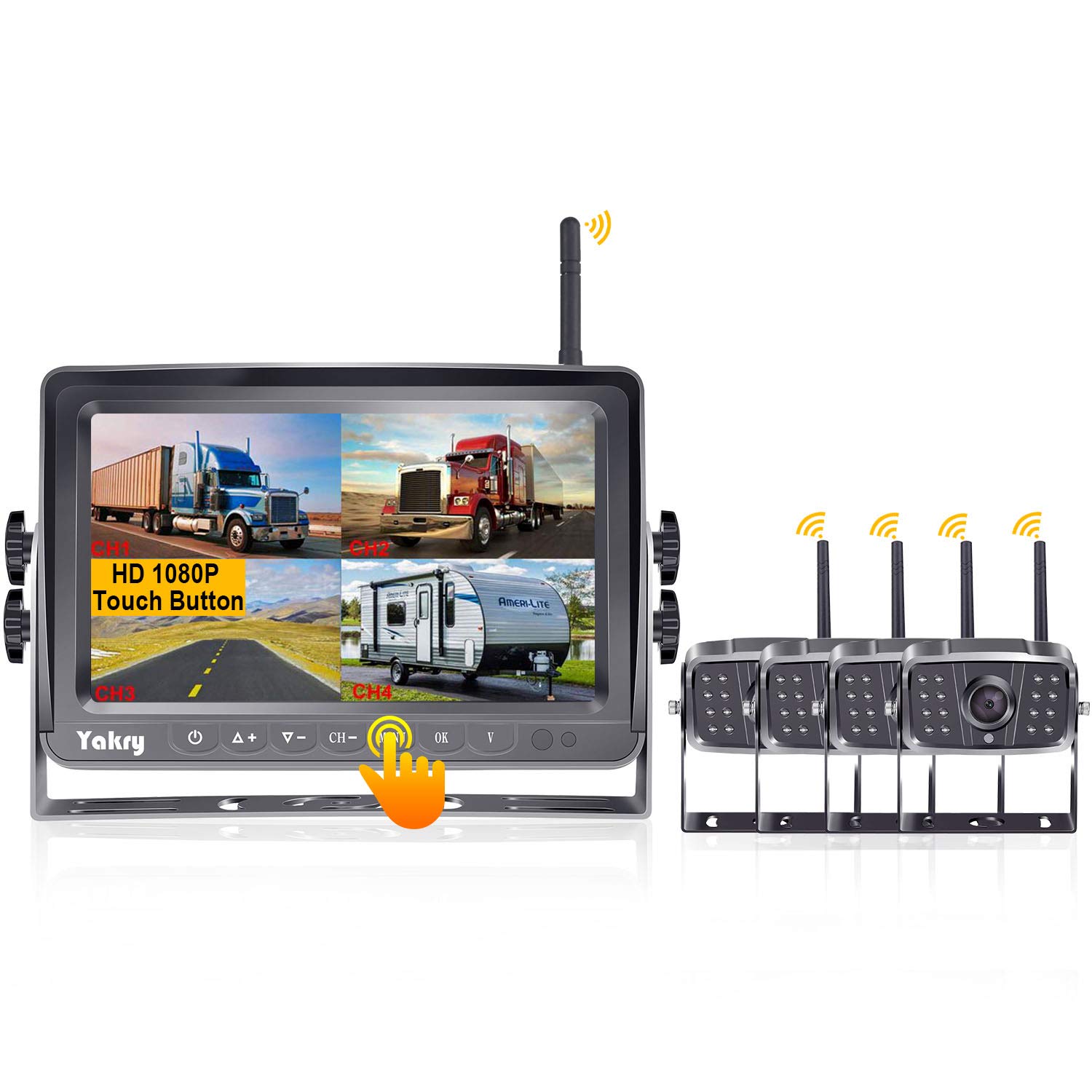 Yakry Y29 HD 1080P Digital Wireless 4 Backup Camera for RVs,Trailers,Trucks,Motorhomes,5th Wheels 7''Monitor Backup Camera System with Highway Monitoring System IP69K Waterproof