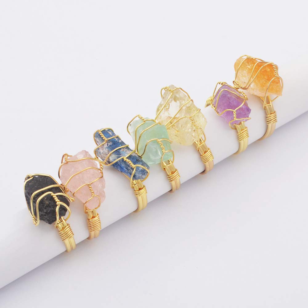 ZENGORI Irregular Natural Stone Healing Crystal Black Tourmaline Wire Wrapped Adjustable Ring WX1796-BK