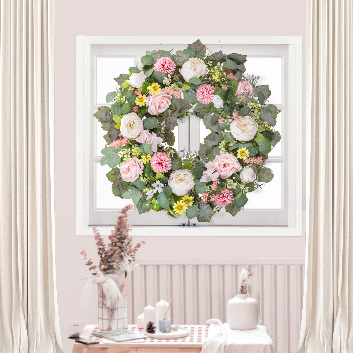 WANNA-CUL 24 Inch Large Spring Peony Flower Wreath for Front Door for Wedding,Pink Rose Floral Door Wreath with Rustic Grapevine Leaves,Bolocephalus Saussureoides for Wall