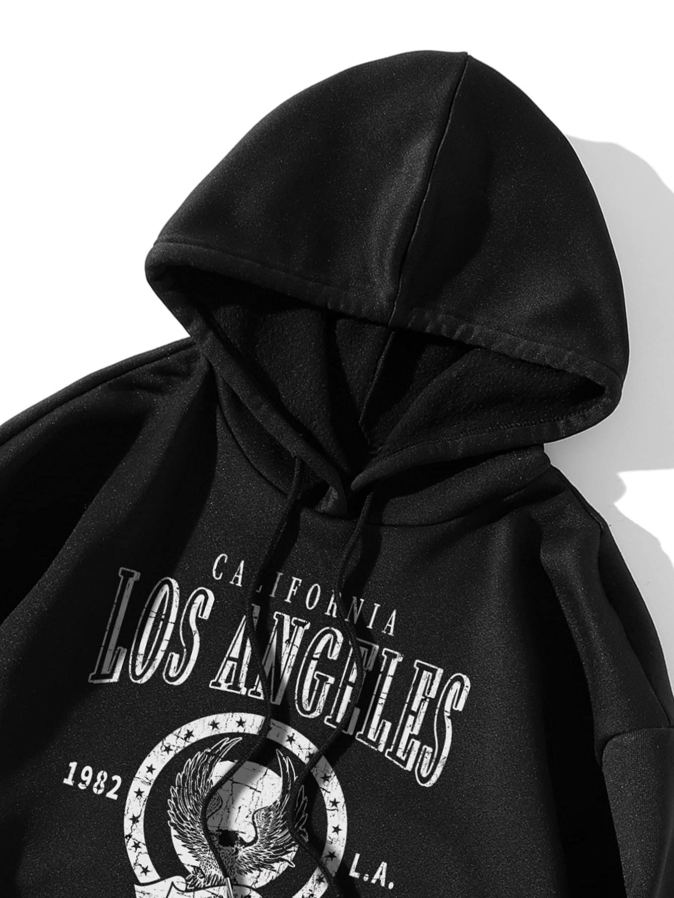 WDIRARA Women's Letter Graphic Print Pocket Drawstring Hoodie Sweatshirts Tops Black XL