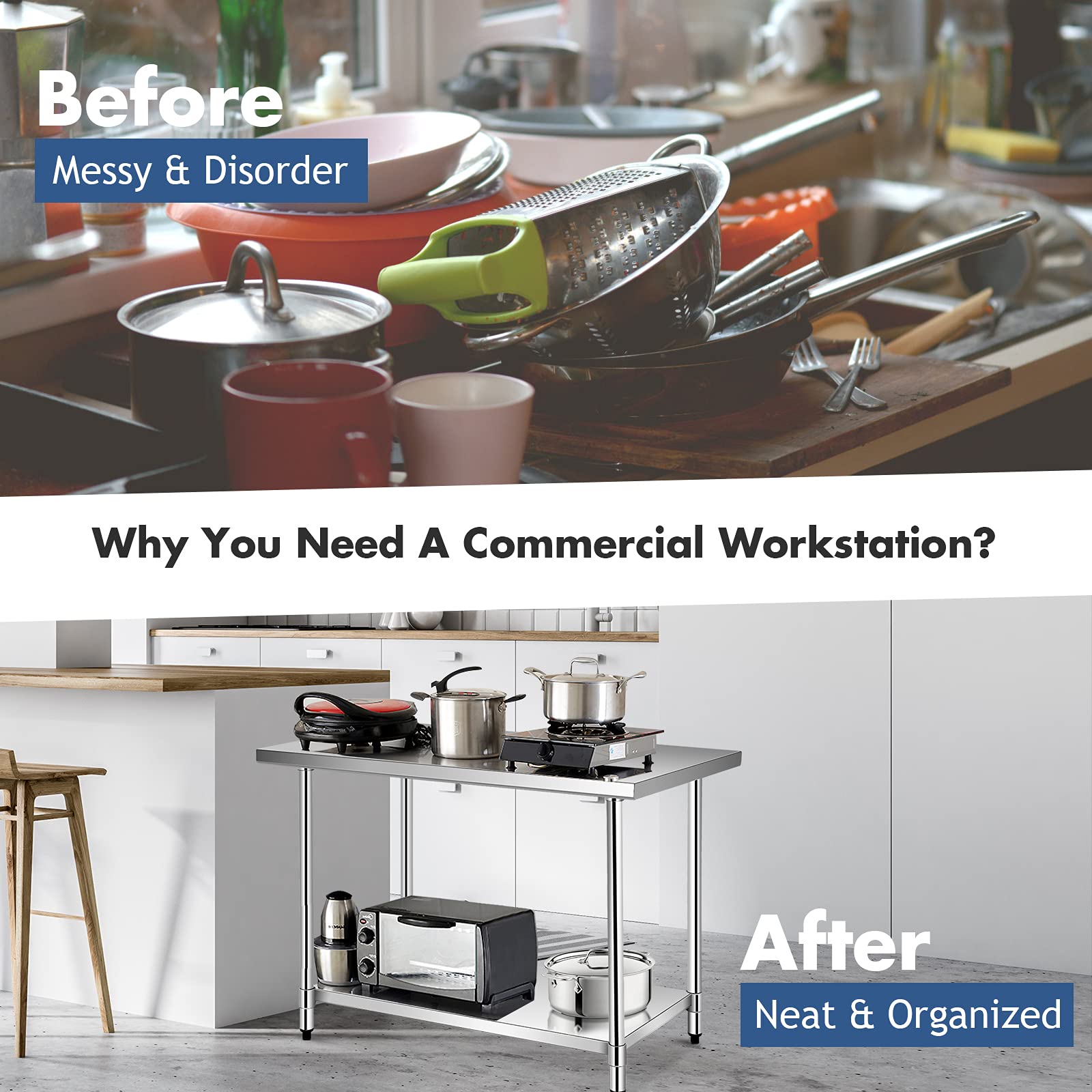 WATERJOY 48" x 30" Stainless Steel Table with Adjustable Shelf for Prep & Workstations Commercial Heavy Duty worktables
