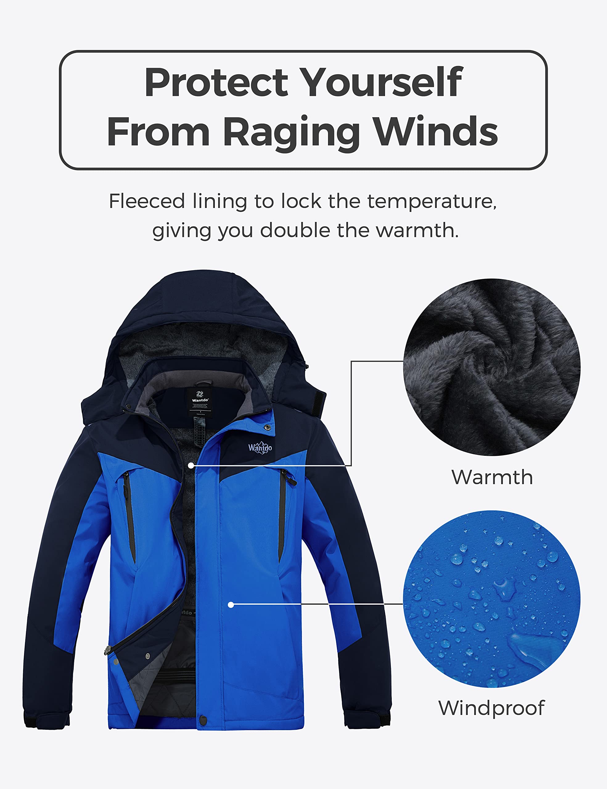 wantdo Men's Ski Jacket Snow Coat Hooded Fleece Lined Quilted Winter Outerwear Black 2XL