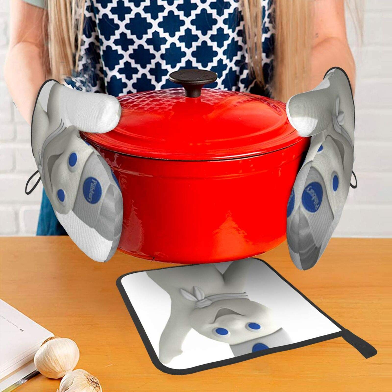 Woidxzxza Pillsbury Doughboy Oven Mitts and Pot Holders Set, Heat Resistant Kitchen Bake Gloves Non-Slip Pot Holders for Cooking, Baking,Grilling, Barbecue,BBQ