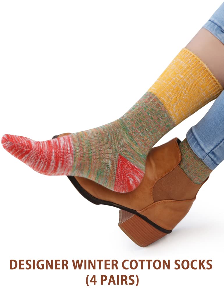 VERO MONTE 4Pairs Cotton Socks for Women -Womens Slouch Socks Cotton Crew(7-9.5)