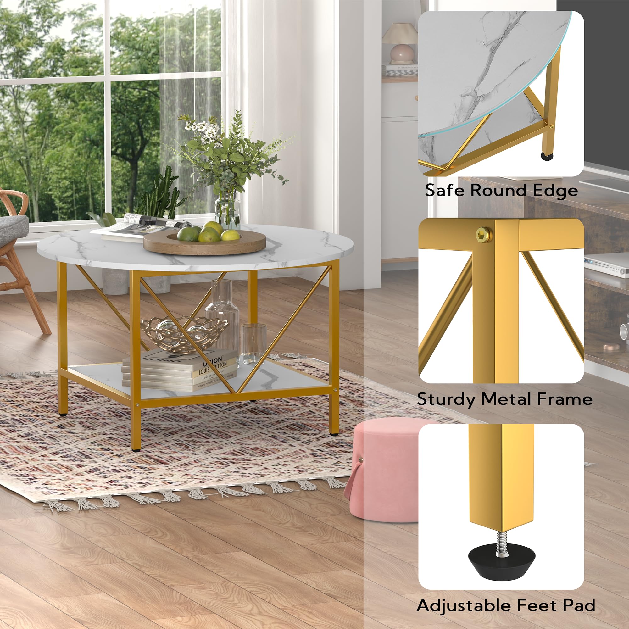 Yusong Round Coffee Table for Living Room, Farmhouse Circle Coffee Table with Storage Shelf, 2-Tier Modern Center Table with White Faux Wooden Tabletop, Gold Metal Frame