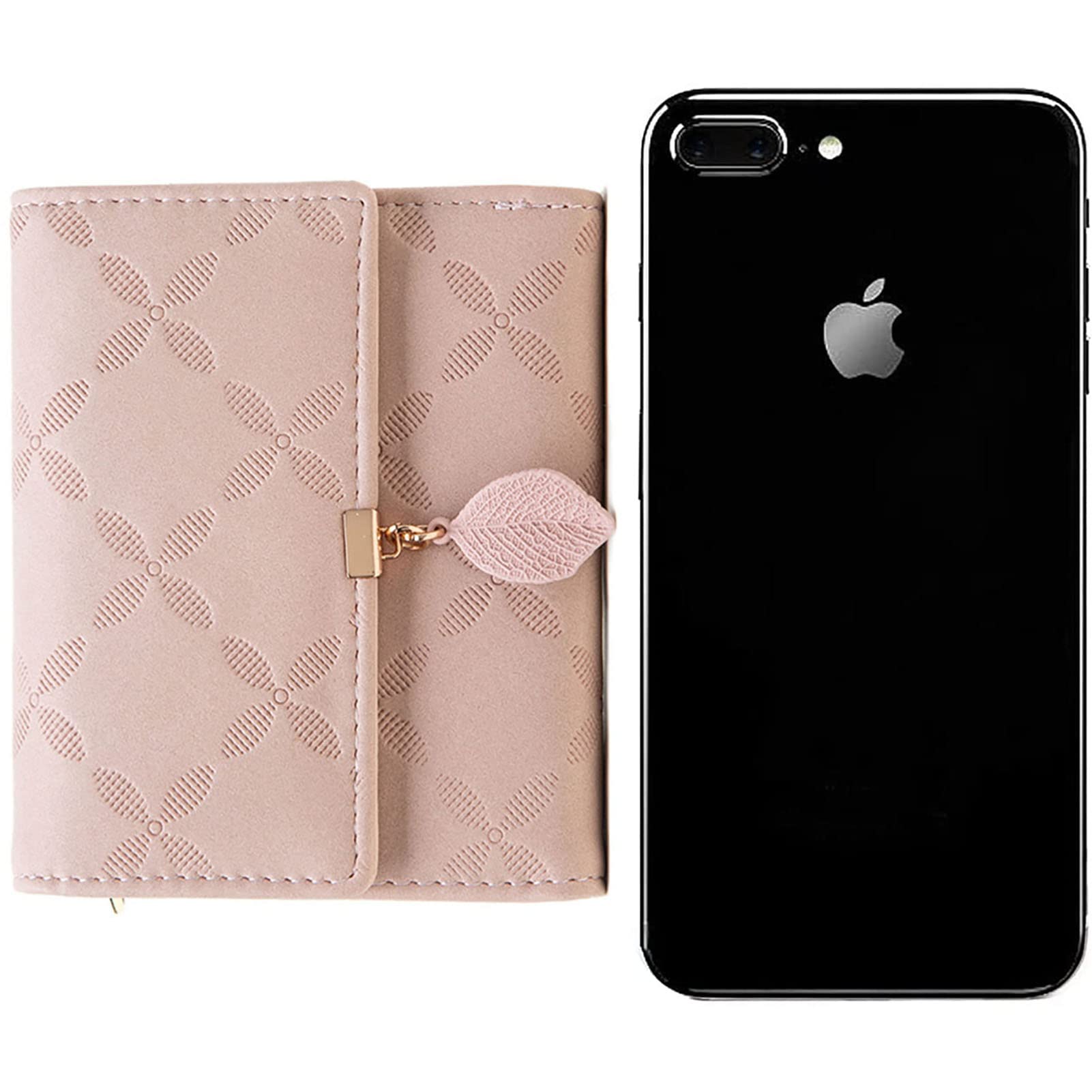 YLFERIF Small Wallet Women Leaf Pendant Womens Wallet Trifold Thin Wallet for Women Coins Zipper Pocket With ID Window Small Size Grey (Pink)