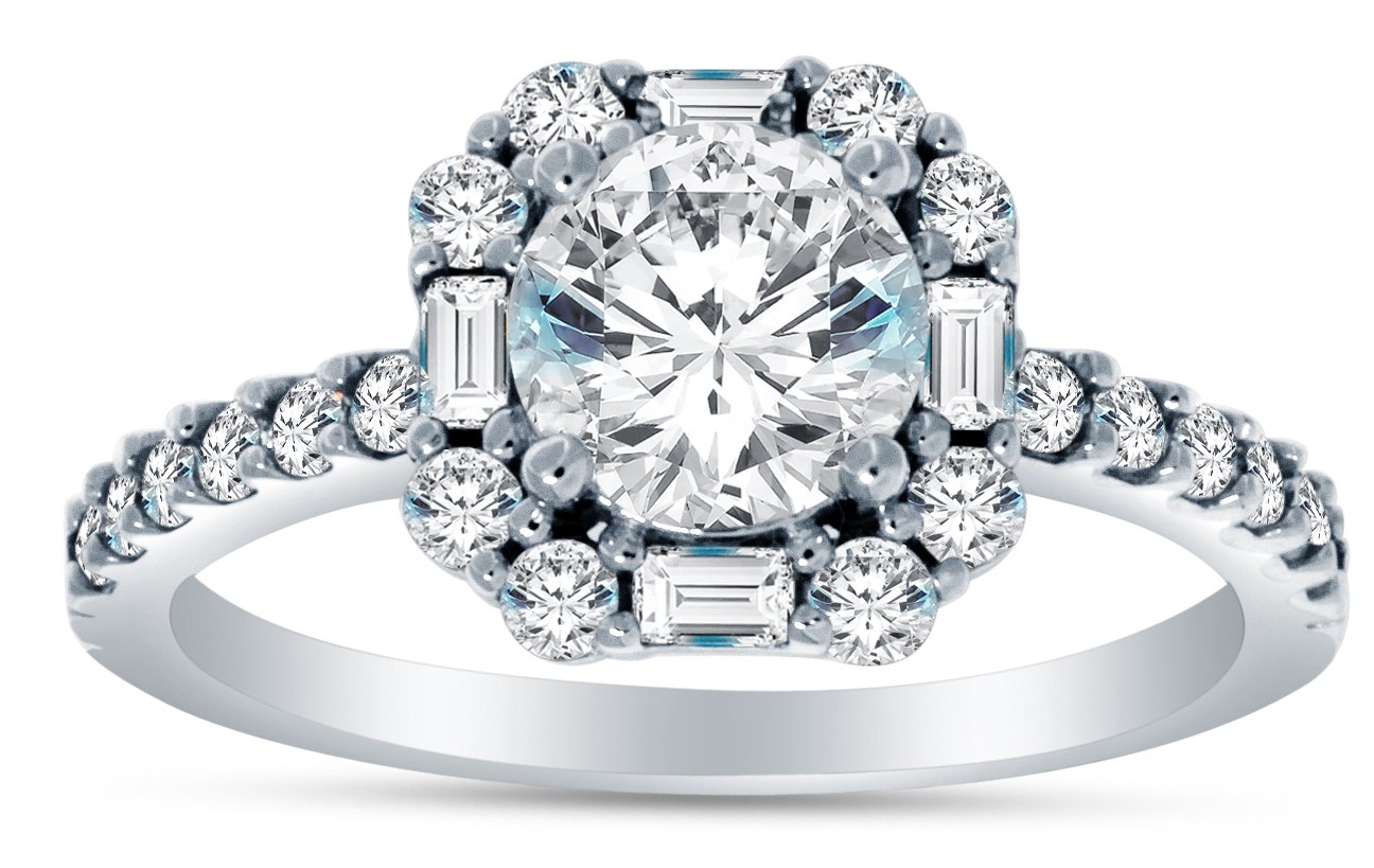 Size 4 - Solid 14k White Gold CZ Cubic Zirconia Halo Bridal Engagement Ring w/Matching Wedding Band Two Ring Set - Round Brilliant Cut Solitaire with Baguette Side Stones (2.75cttw., 1.0ct. Center)