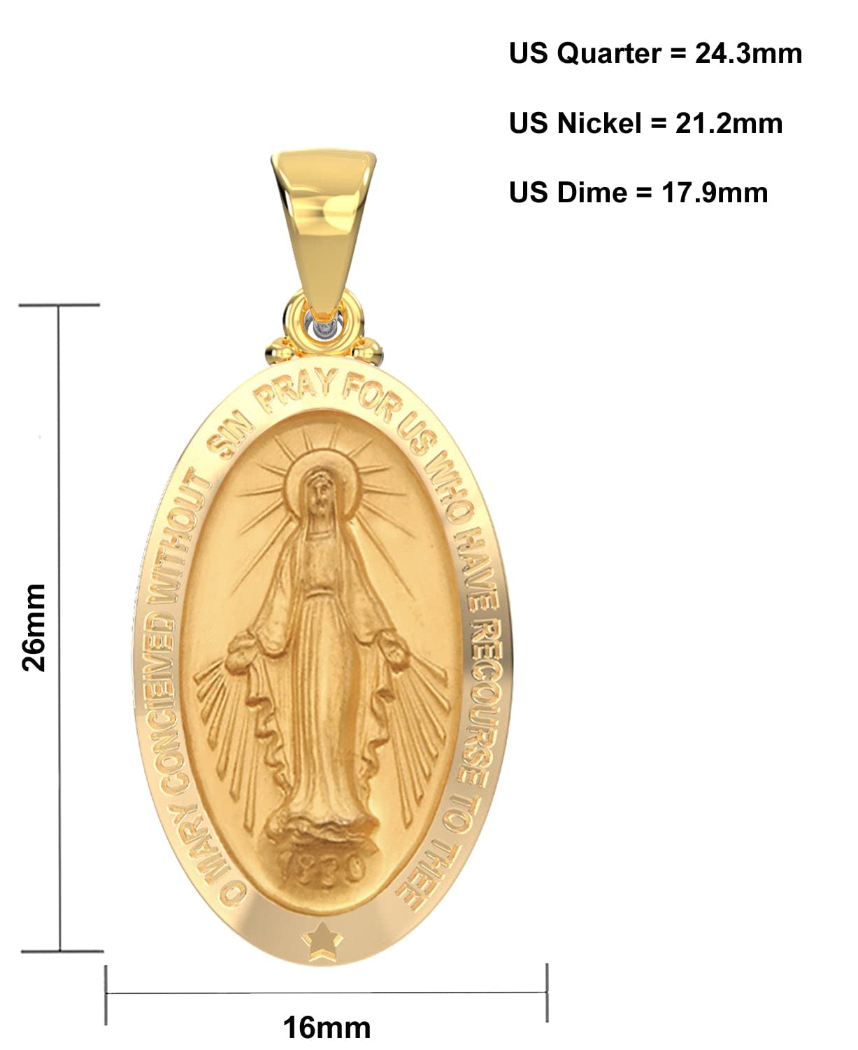 US Jewels Ladies 26mm 14K Yellow Gold Virgin Mary Hollow Oval Polished Pendant