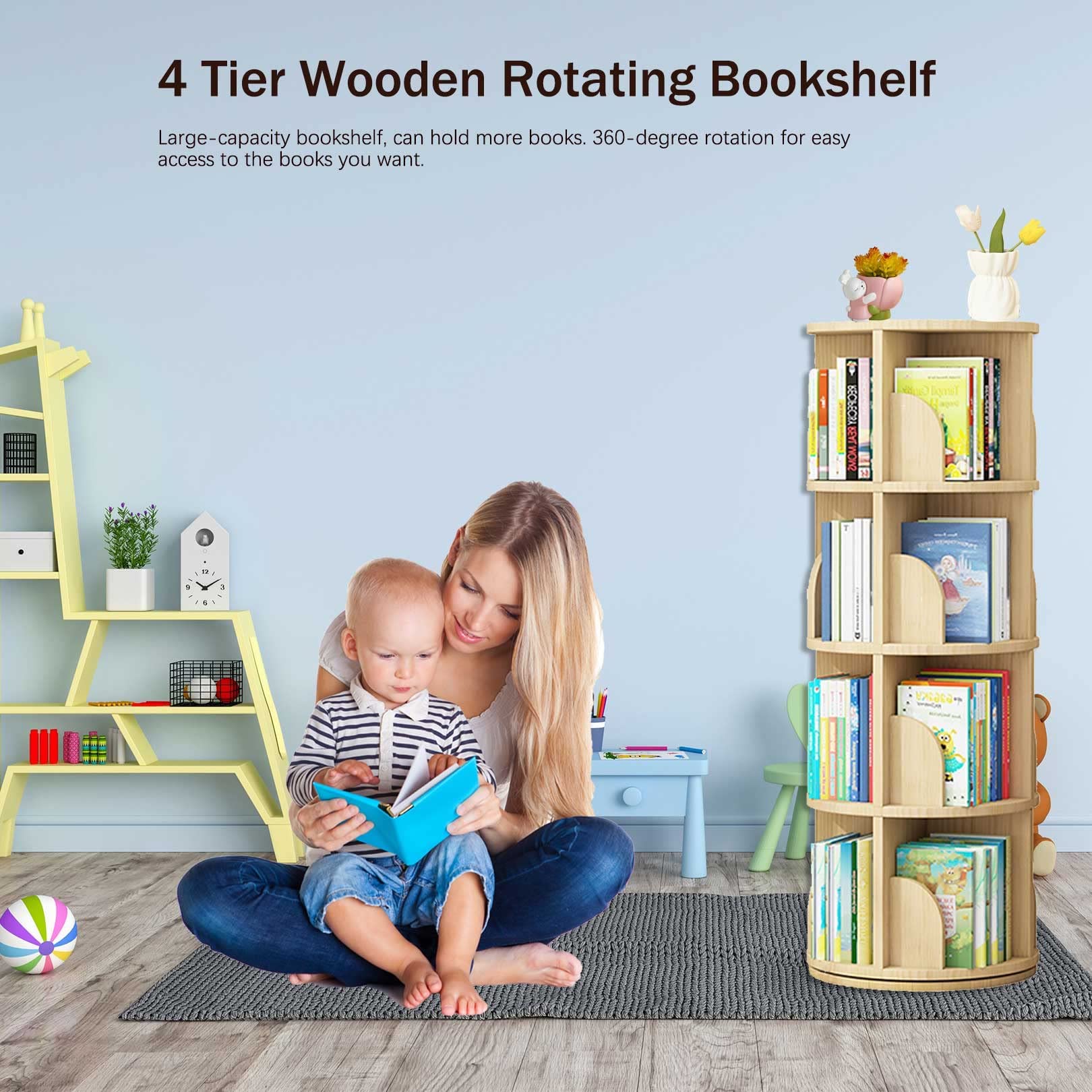 TNUEEIO 4-Tier Wooden Rotating Bookshelf,Natural Solid Wood Revolving Floor Standing Bookcase 360 Display Corner Storage Rack for Kids Adults, Stackable Shelves Bookshelf Organizer