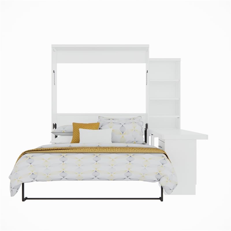 RoomAndLoft Brentwood Queen Contemporary Solid Wood Murphy Wall Bed and Shelf Storage with Side Desktop and Drawers in White