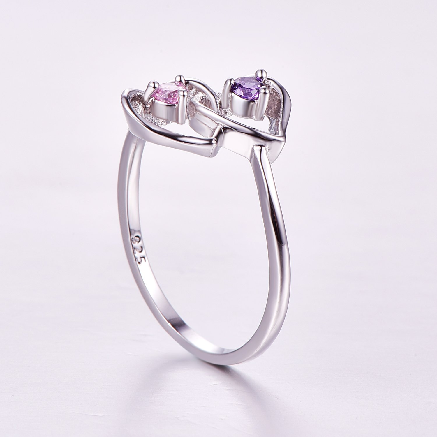 Veunora Silver Plated Created Amethyst and Pink Topaz Cubic Zirconia Filled 2-Stone Heart by Heart Forever Love Ring Women Gift Size 8