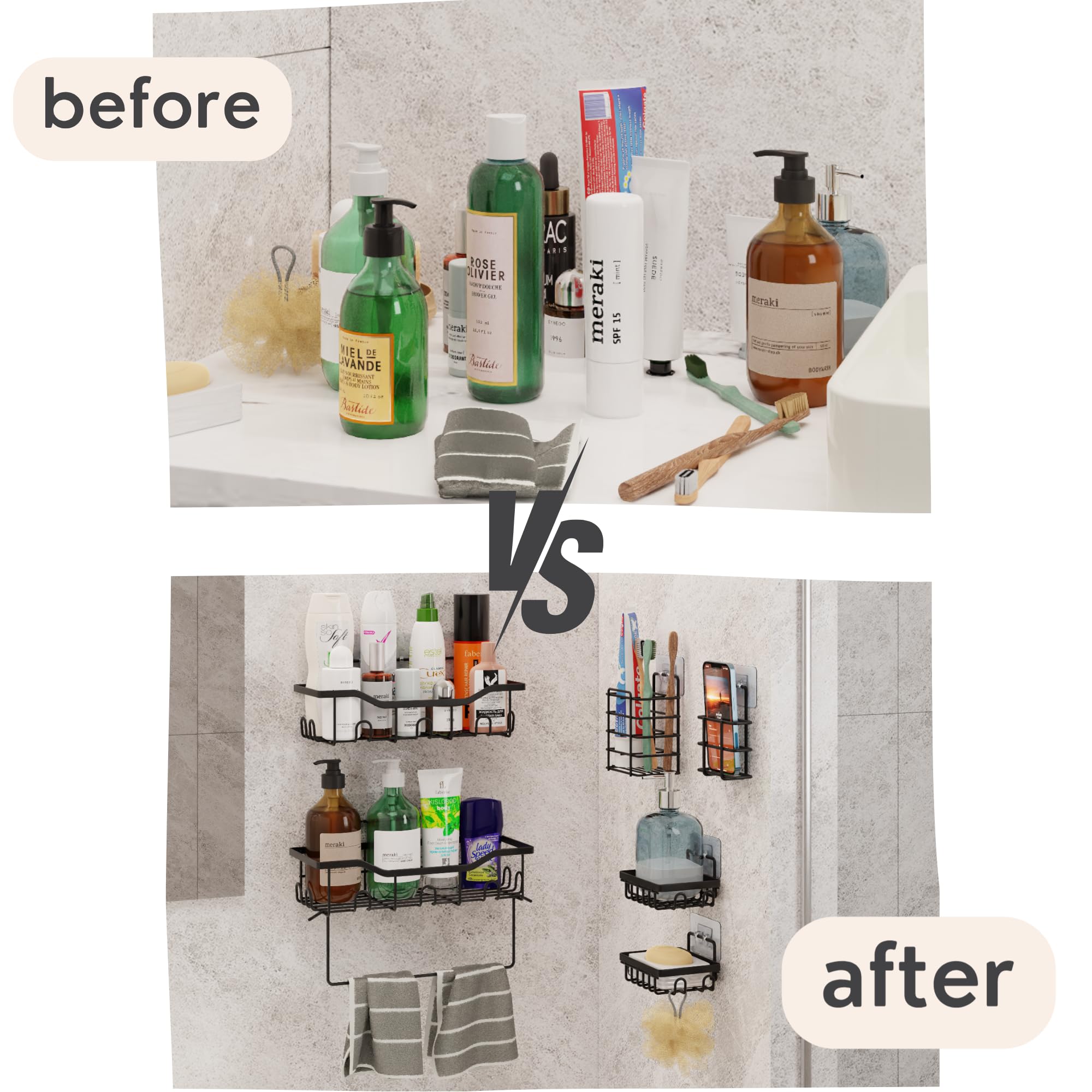 Shower Caddy Hanging Organizer | Adhesive Storage Shelf for Bathroom Accessories | Bathroom Counter Organizer | Shower Organizer Adhesive | Hanging Shower Rack with Storage Shelf and Phone Holder
