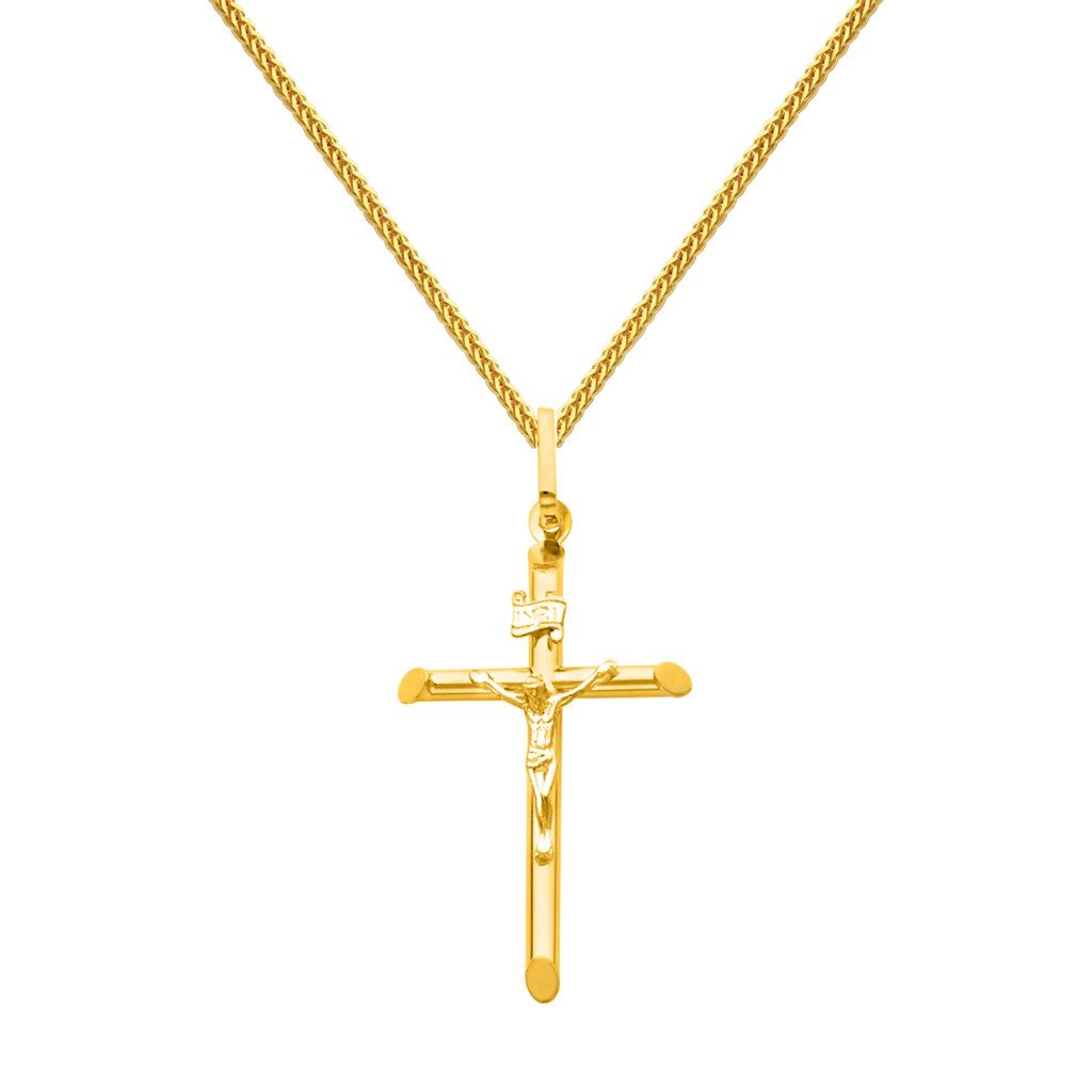 The World Jewelry Center 14k REAL Yellow Gold Crucifix Cross Pendant with 1mm Braided Square Wheat Chain Necklace - 18"