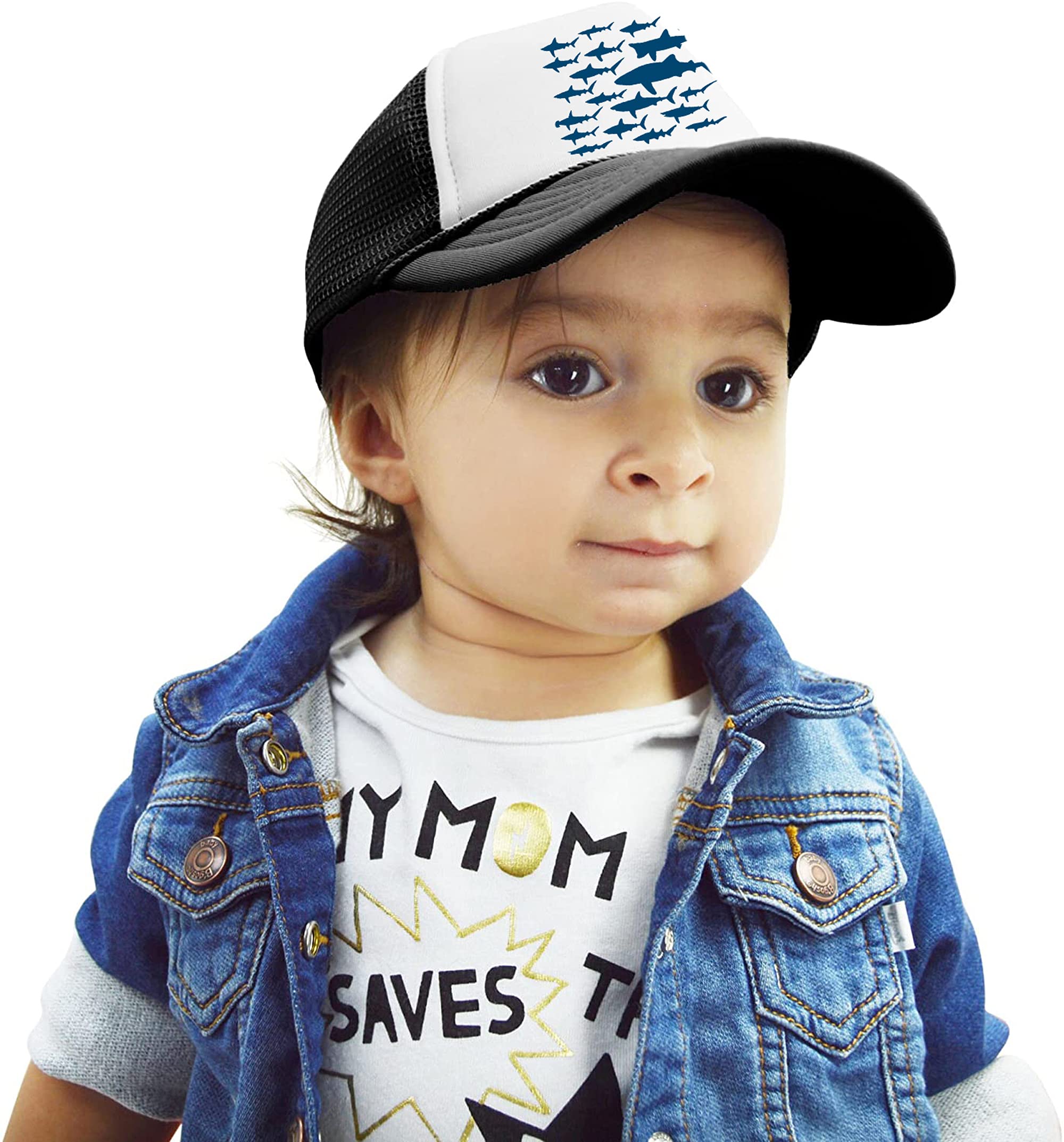 Waldeal Boys' Ocean Shark Trucker Hat Floral Sea Fish Adjustable Mesh Hat Kids' Baseball Trucker Cap Black
