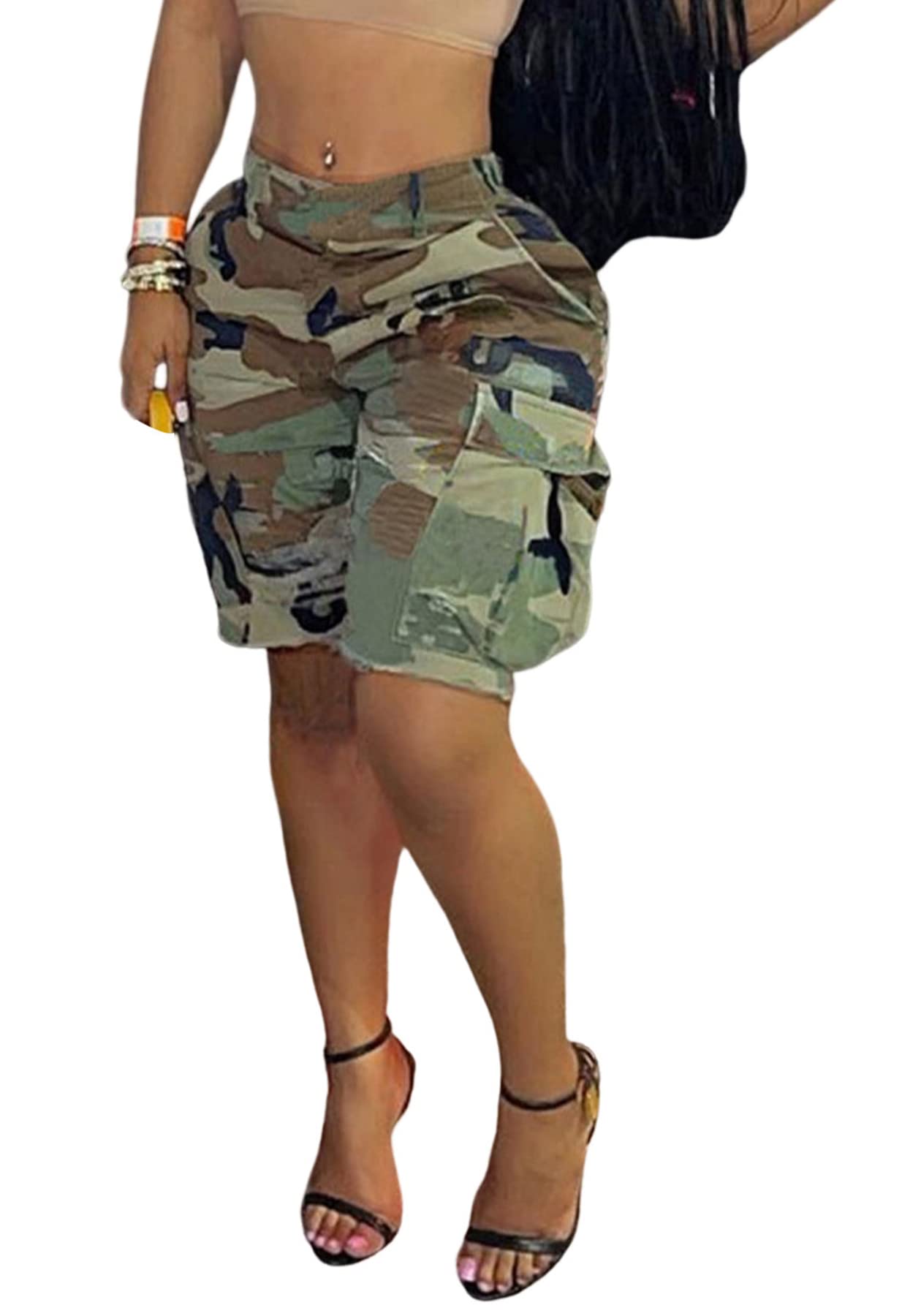 Vakkest Womens Camouflage Cargo Shorts Jogger Multi-Pocket Army Fatigue BF Plus Size Drawstring Cargo Short Pants