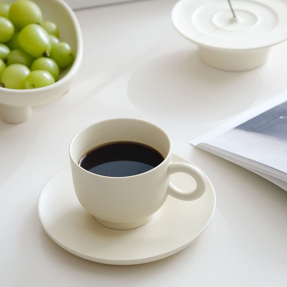 WENSHUO Cappuccino Cup, Round Retro Coffee Mug, Cup and Saucer Set, Matte Crème, 6.7 oz