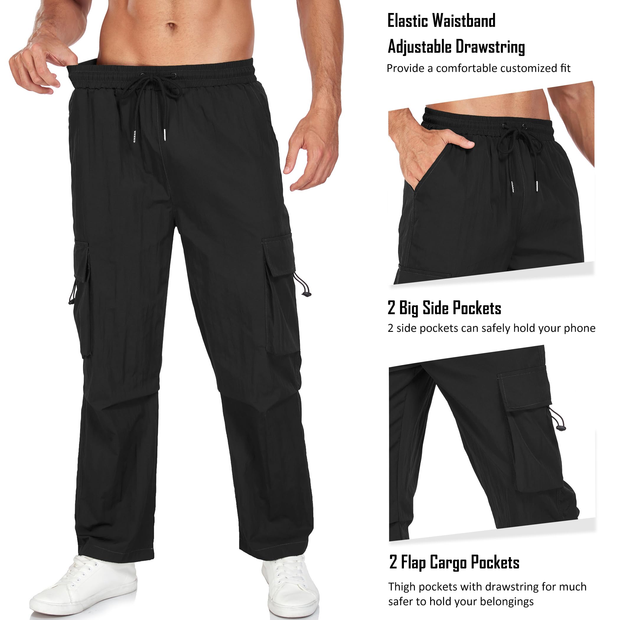 ZAFUL Men's Cargo Pants Relaxed Fit Lightweight Flap Pockets Elastic Waist Quick Drying Hiking Pants Casual Black XXL