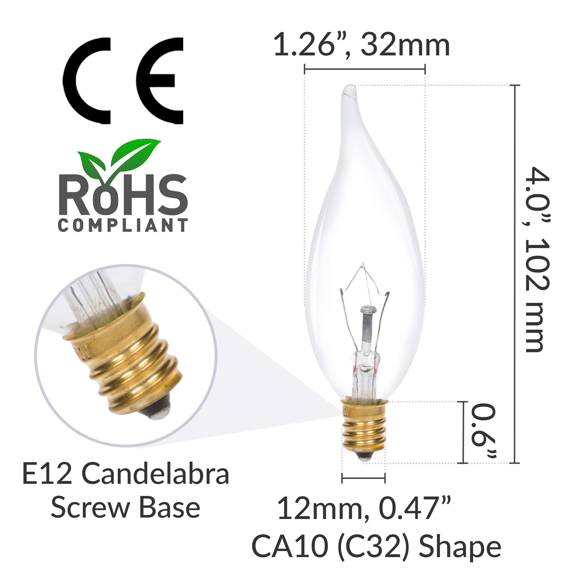Simba Lighting Candelabra Flame Tip Clear CA10 60W E12 Base (12 Pack) Decorative Incandescent Light Bulbs 120V for Chandeliers, Ceiling Fan Lights, Pendants, Wall Sconces, Dimmable, Warm White 2700K