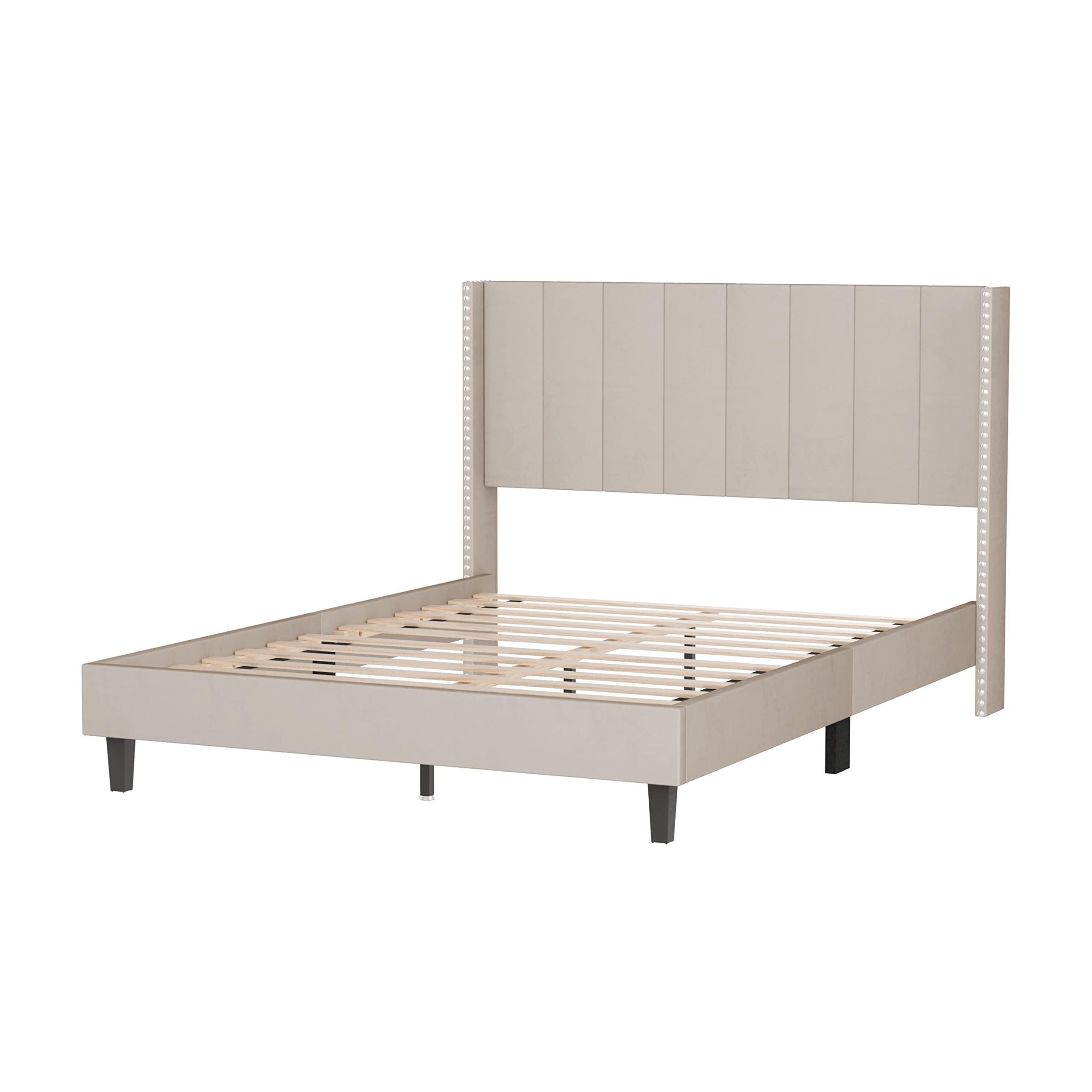 Royard Oaktree Queen Size Tufted Upholstered Bed Frame Low Profile Velvet Bed Frame Platform with Raised Wingback Headboard/No Box Spring Required/Wood Slat Support/Black