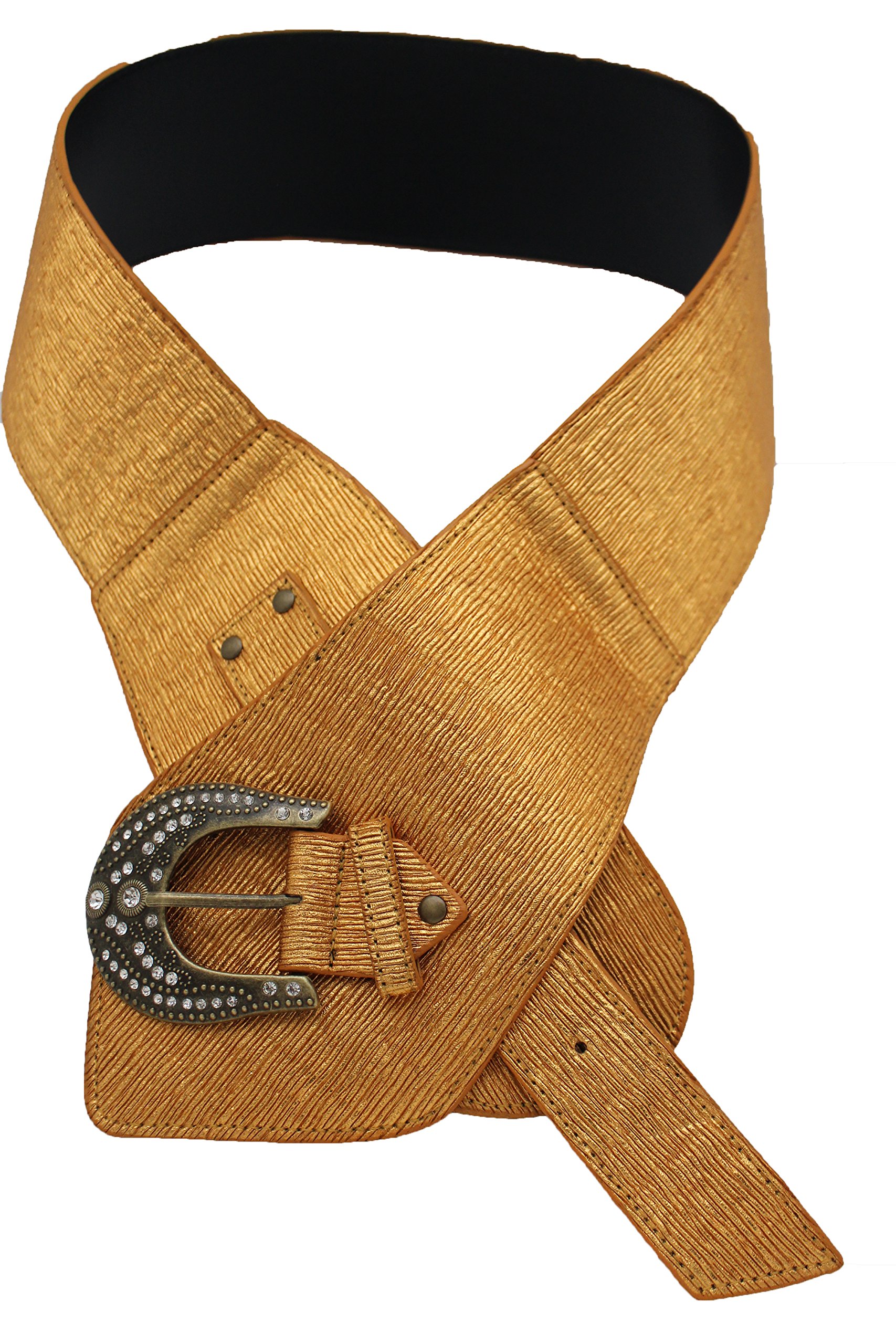 Trendy Fashion Jewelry TFJ Women Wide Western Belt Hip High Waist Faux Leather Dressy M L Metallic Gold