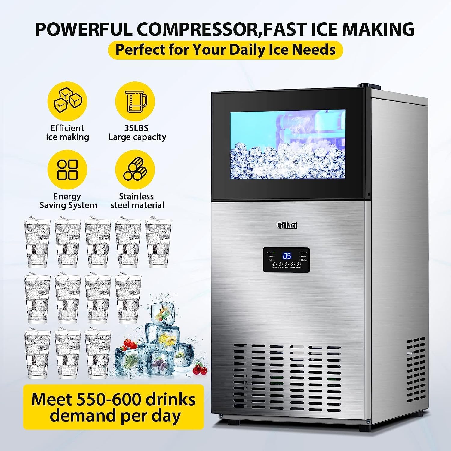 Upgraded Commercial Ice Maker Machine 160LBS/24H with 35LBS Storage Bin, 15Inch Wide Ready 11-20 Mins Under Counter/Freestanding Stainless Steel Large Ice Machine