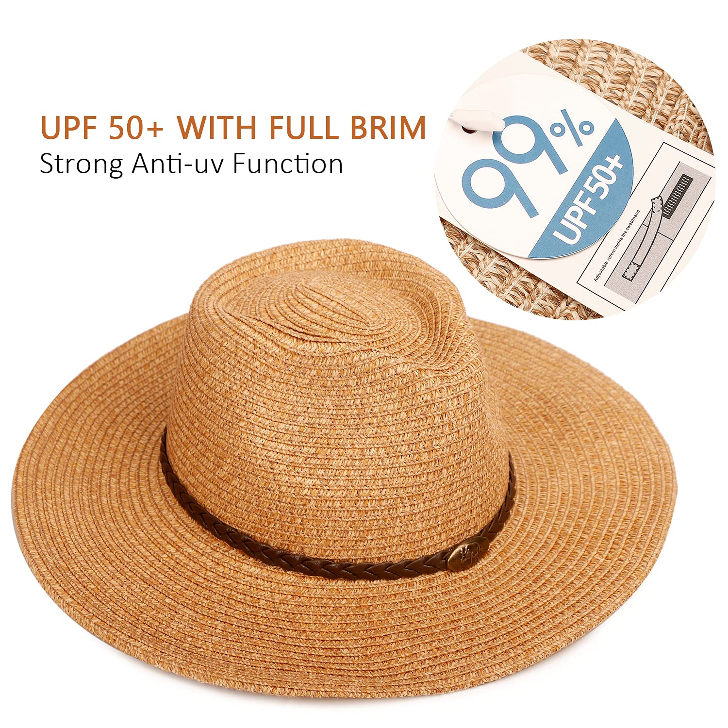 Womens Straw Sun Hat Classic Flat Beach Hat Mens Garden Hat Cowboy Style Hat with Wind Lanyard UPF 50+ Summer Hat Khaki