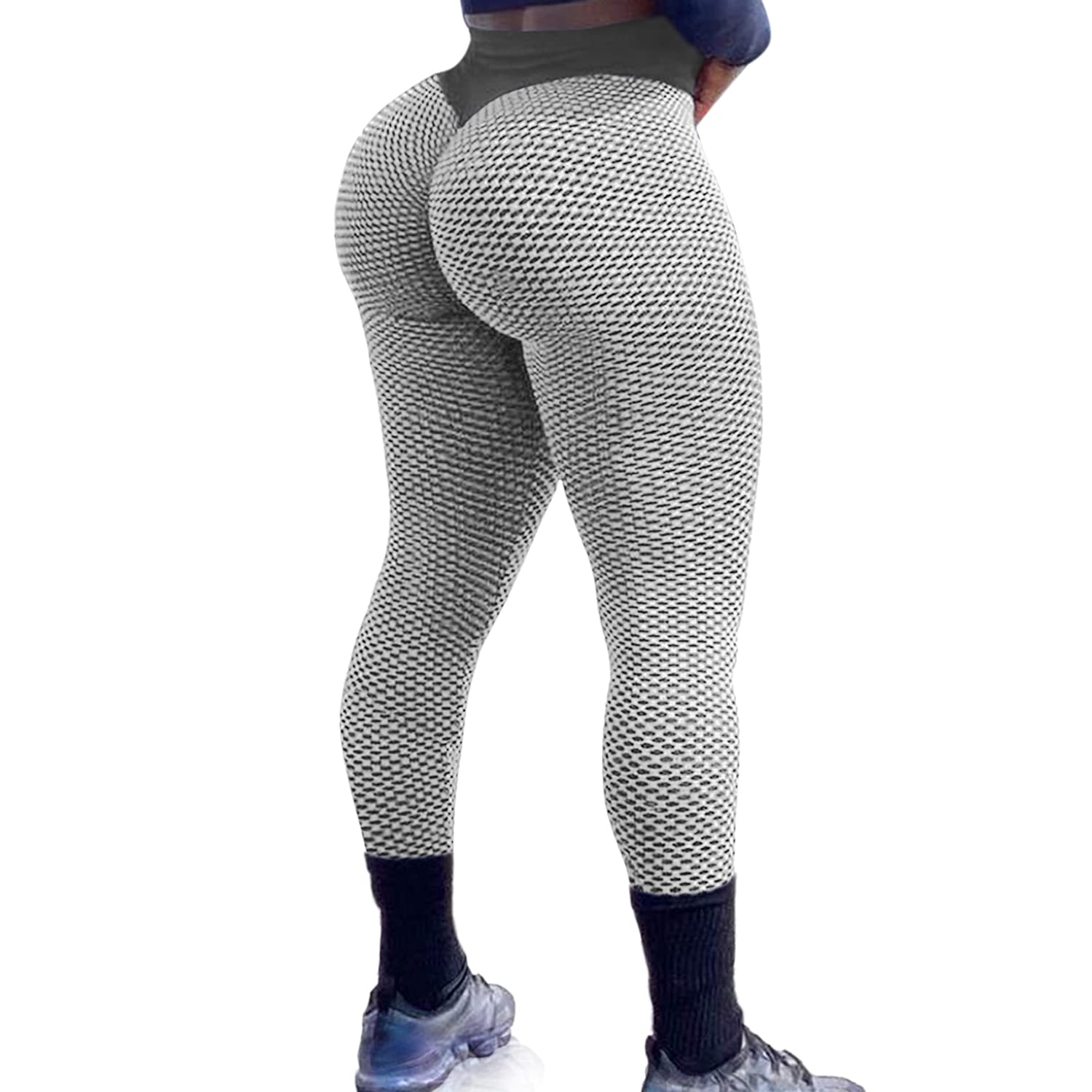 SZKANI Women High Waisted Yoga Pants Textured Ruched Butt Lifting Leggings Anti Cellulite Workout Tights((B)-Gray,Medium)