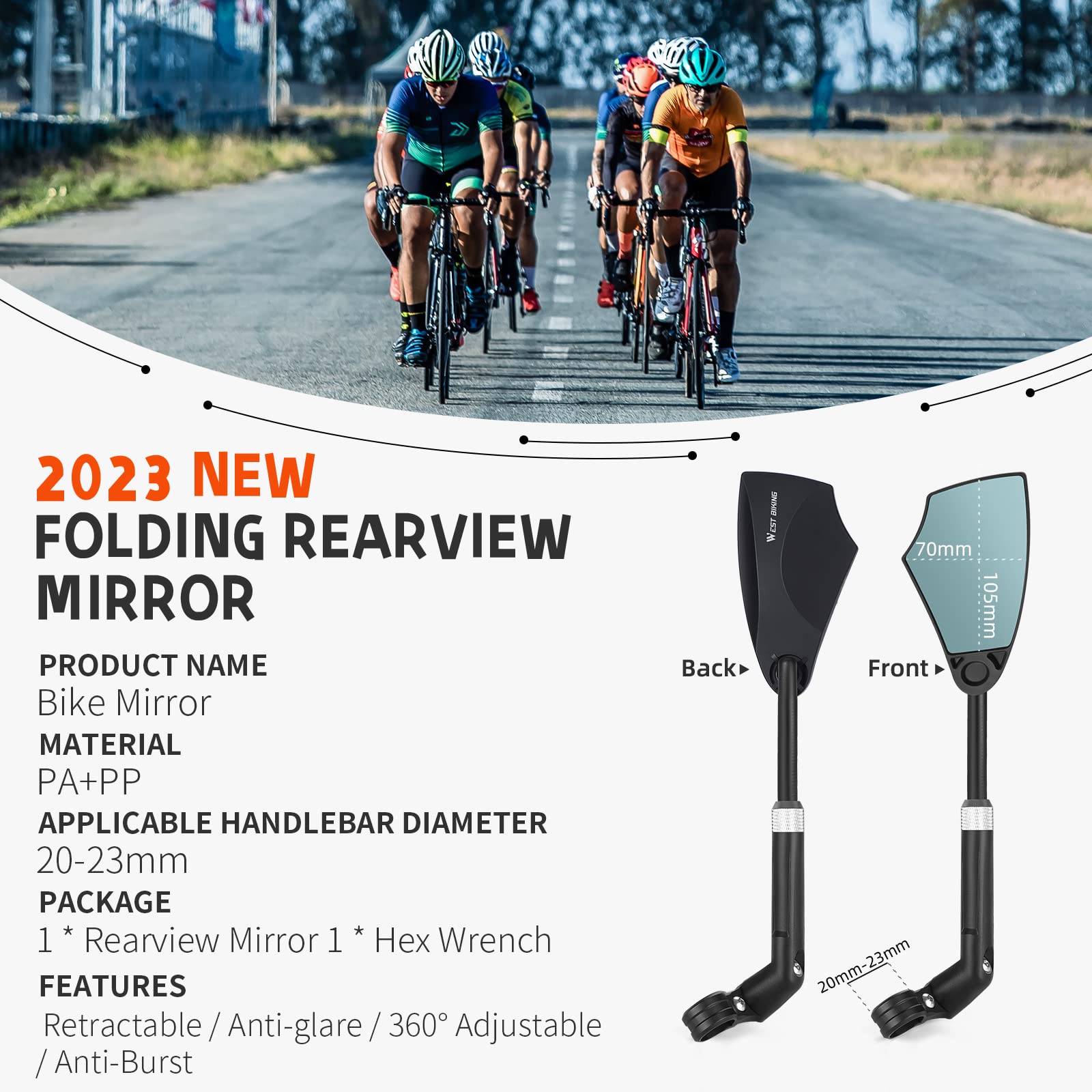 WEST BIKING Anti-Glare Handlebar Bike Mirror - Bike Rear View Mirror With Retractable & 360 ° Adjustable Lens, Foldable Bicycle Mirror For 20-23mm Handlebar (2PCS)