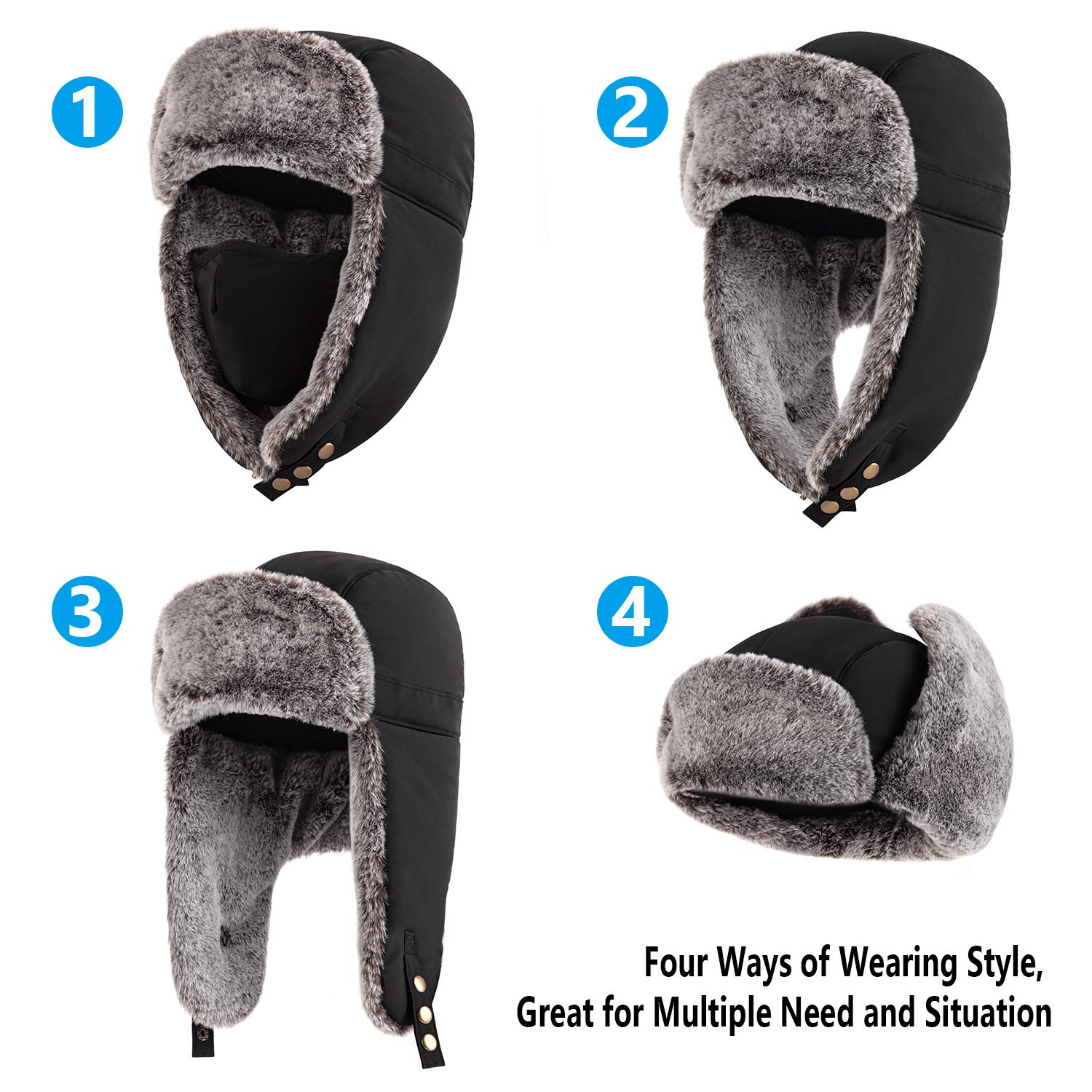 Unigear Winter Trapper Hat for Men Women, Faux Fur Ushanka Trooper Hat for Hunting Skiing with Detachable Face Mask Black