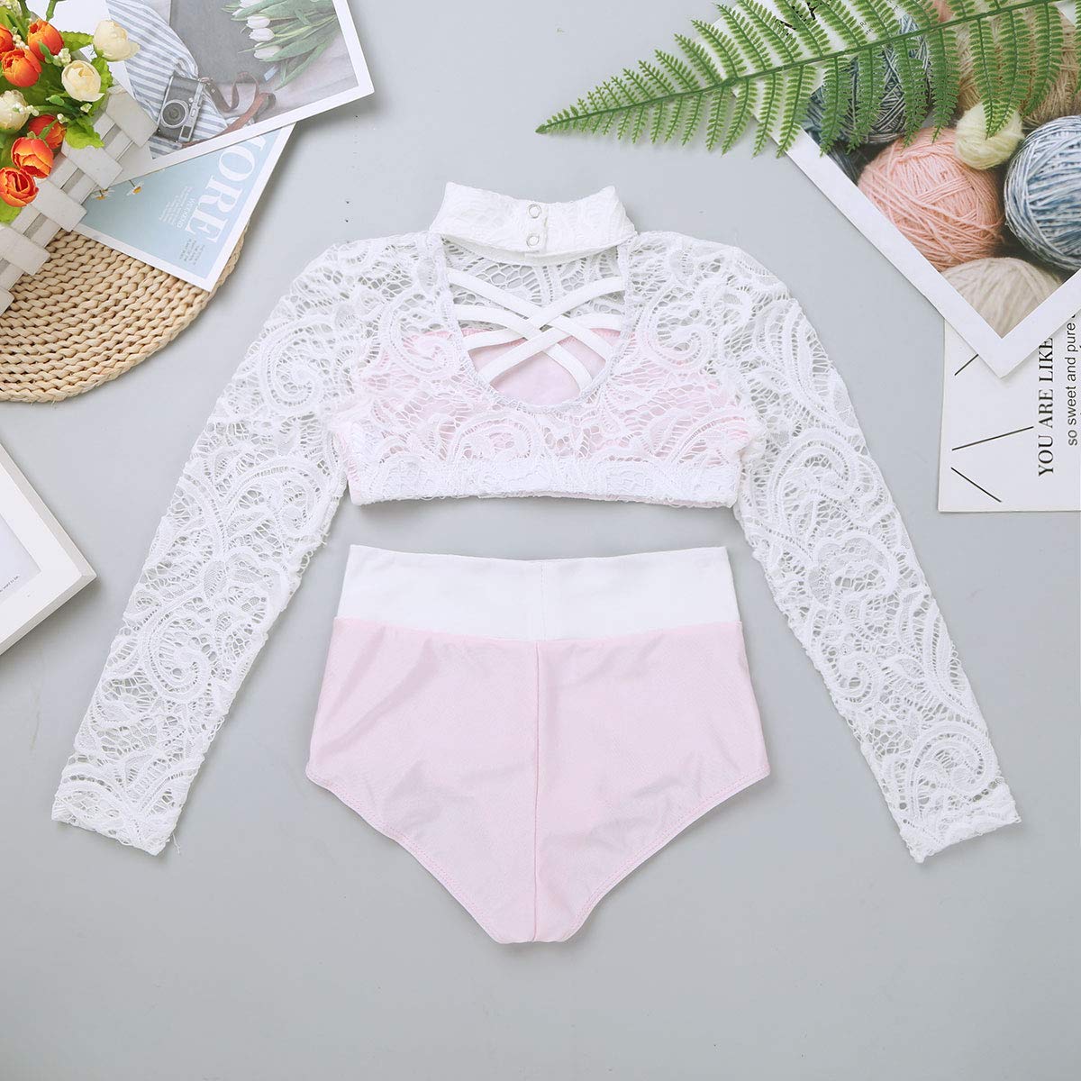 Yeahdor Girls Kids 2 Pieces Athletic Dance Outfits Long Sleeve Top with High Waisted Shorts for Dancing Workout Gymnastics White &Pink 7-8