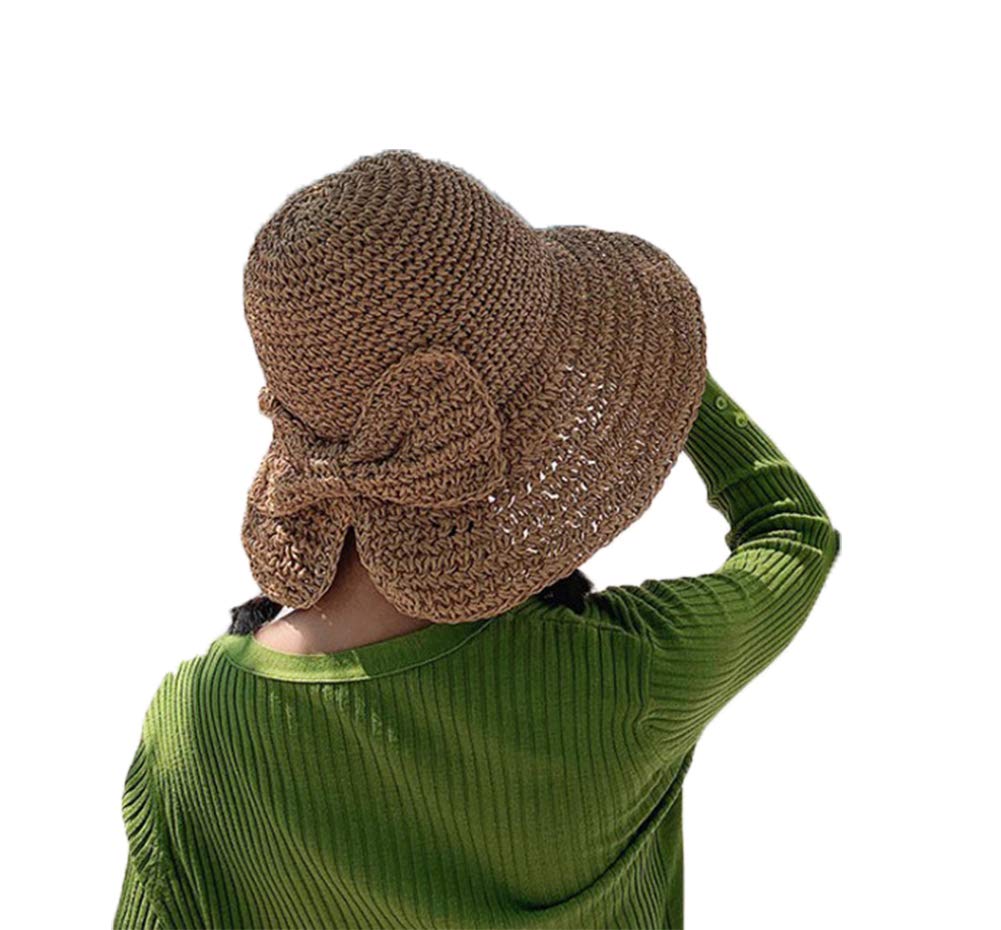 Womens Summer Sun Beach Straw Hat UPF50 Travel Foldable Wide Brim Summer UV Hat with Big Bow (Coffee)
