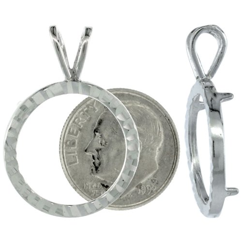 Sterling Silver 18 mm Dime (10 Cents) Coin Frame Bezel Pendant w/Diamond Cut Finish Coin NOT Included