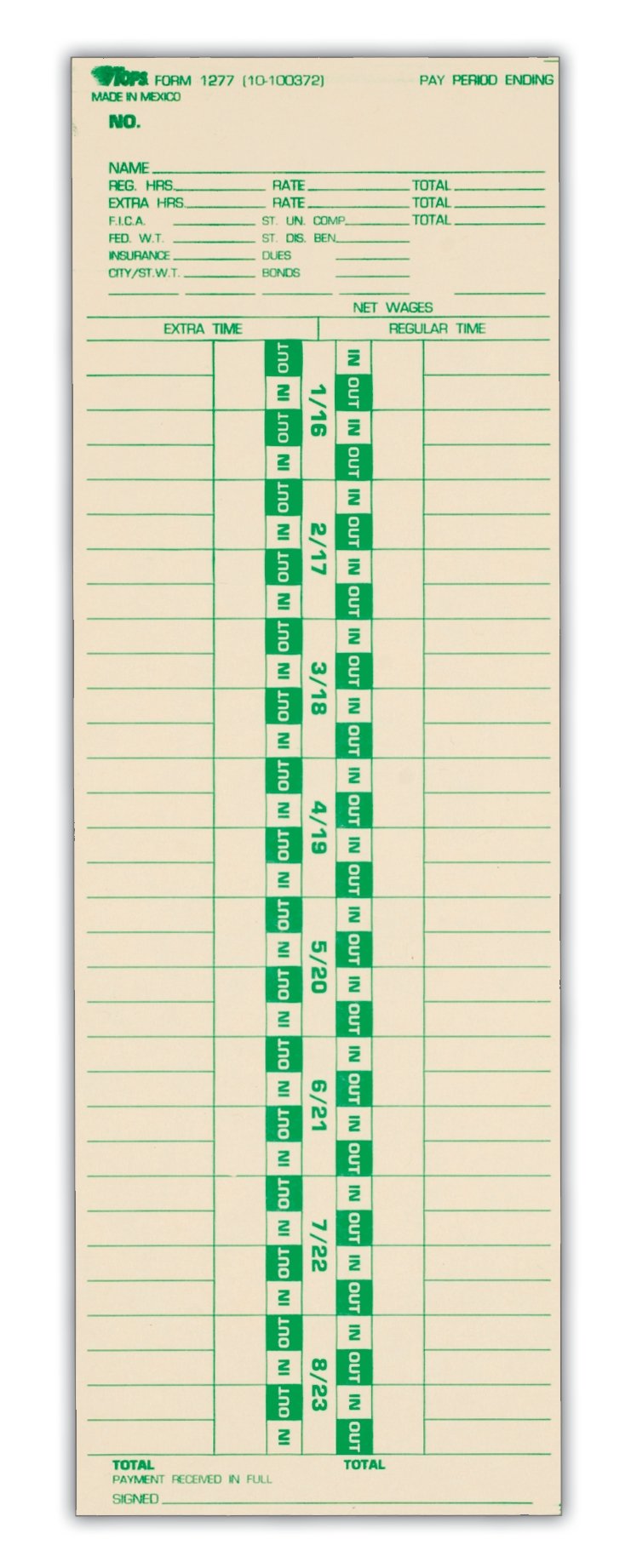 TOPS Time Cards, Semi-Monthly, 2-Sided, 3-1/2" x 10-1/2", Manila, Green/Red Print, 500-Count (1277)